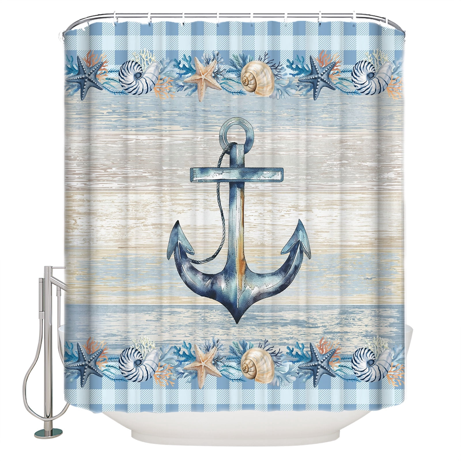 Blue Anchor Coastal Bathroom Shower Curtains with 12 Hooks Polyester ...