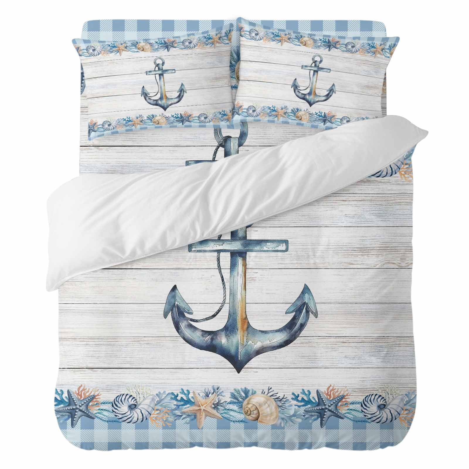 Blue Anchor Coastal Bedding Duvet Cover Set Queen Size 4 Pieces, Summer ...