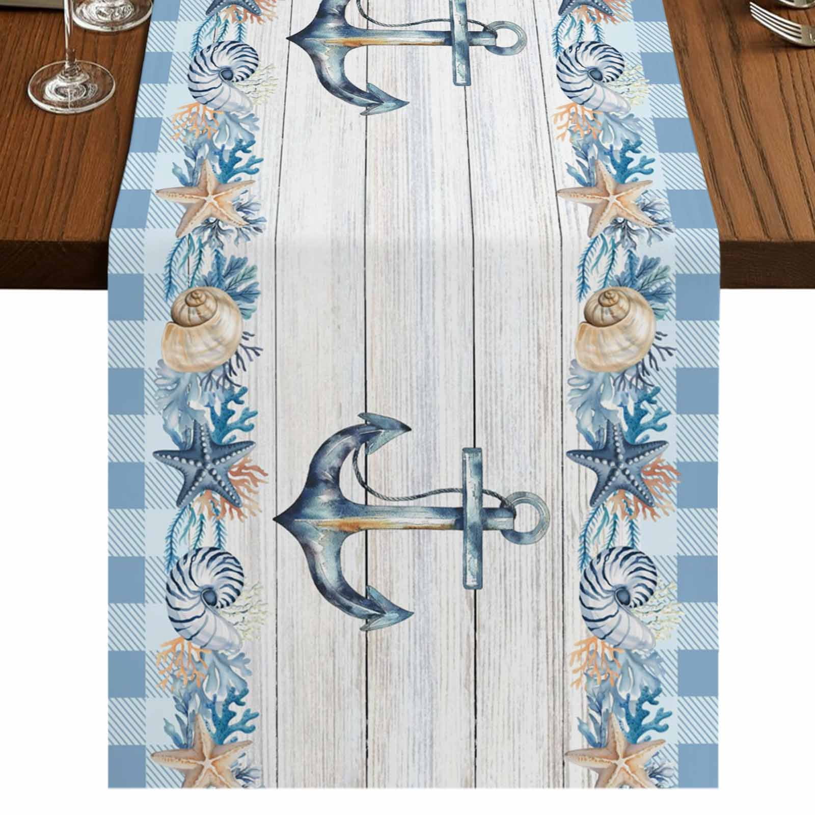 Blue Anchor Coastal Burlap Cotton Table Runner 13x120 Inches Long ...