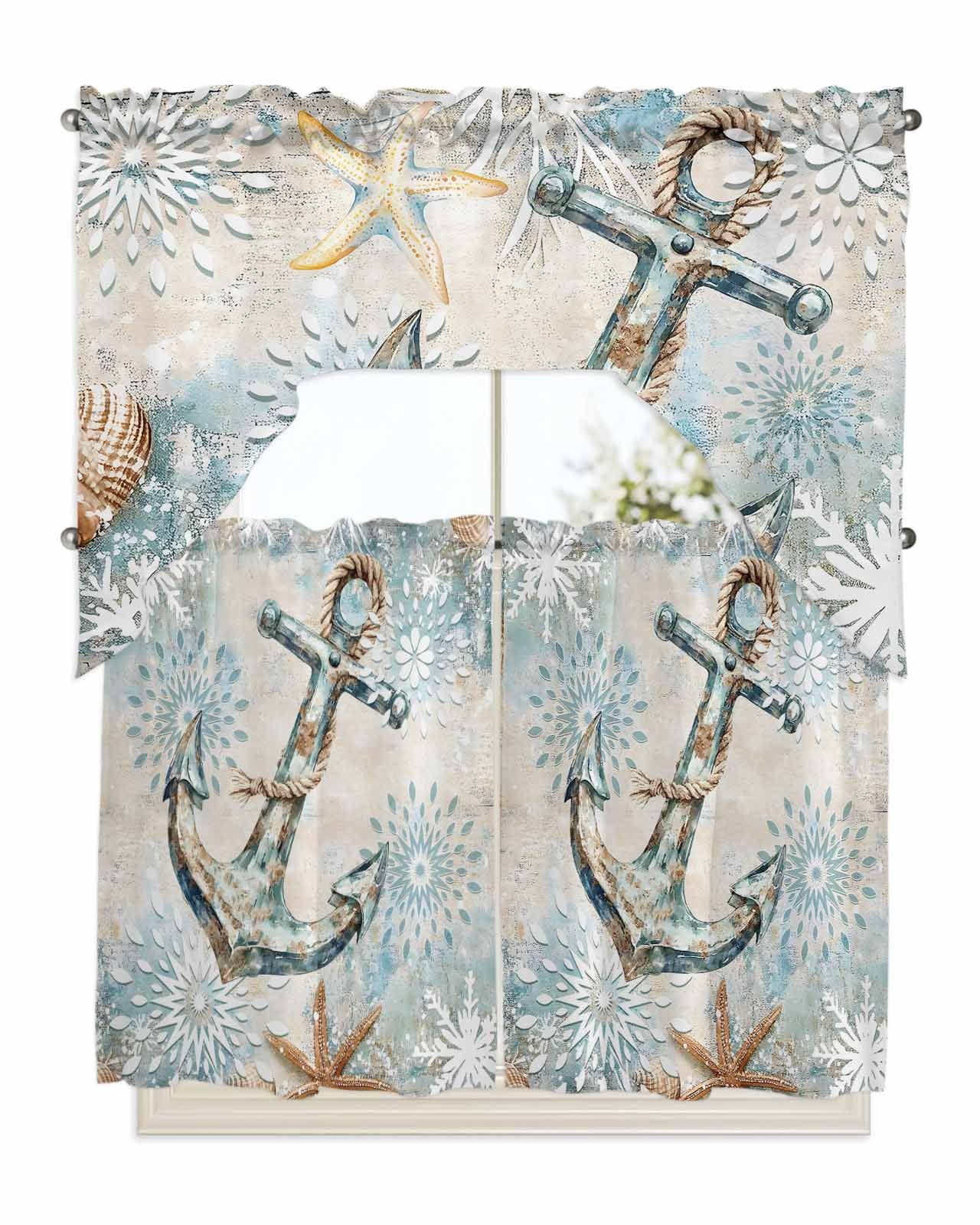 Blue Anchor Coastal Kitchen Curtain and Valance Set 3 Pieces,Rod Pocket ...