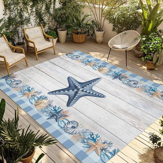 Blue Anchor Coastal Outdoor Rug, Summer Starfish Beach Coral Shell Wood ...