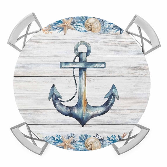 Blue Anchor Coastal Round Table Cover, Summer Starfish Beach Shell ...