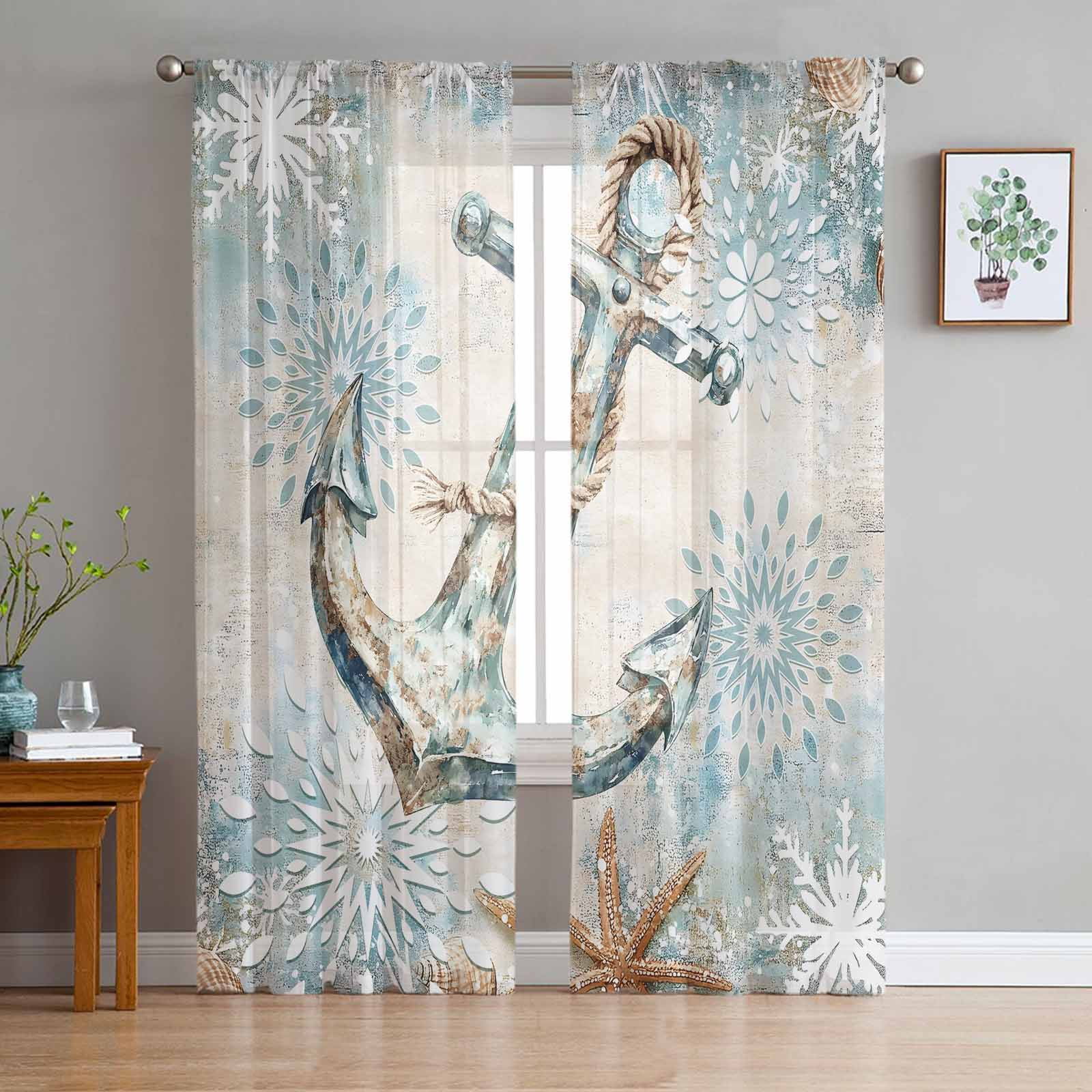 Blue Anchor Coastal Semi Sheer Curtains 72 Inch Length 2 Panels Set ...