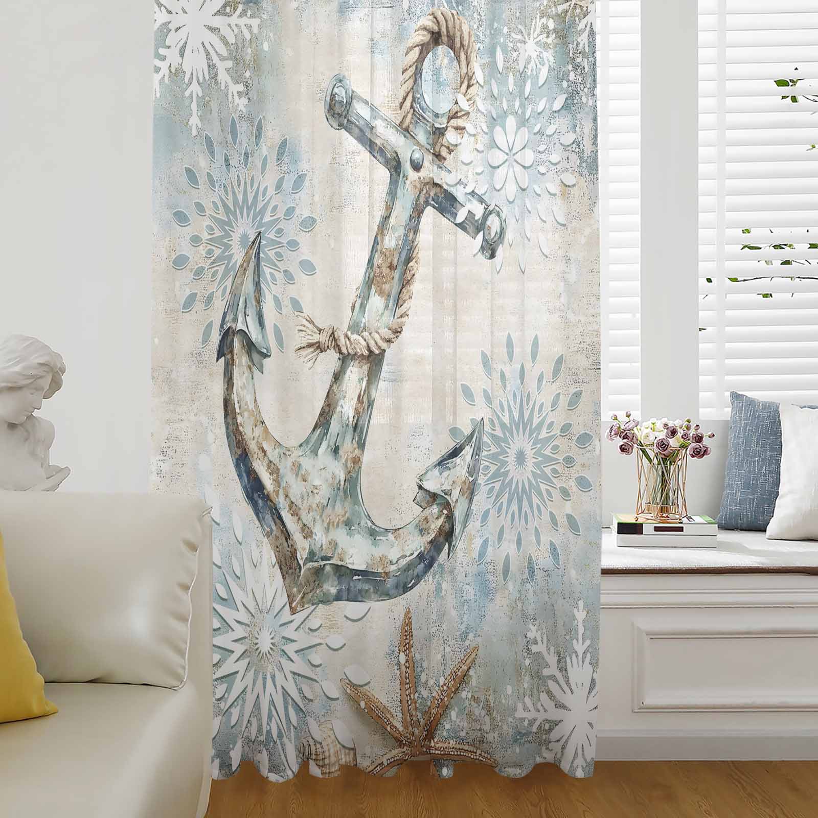 Blue Anchor Coastal Semi Sheer Curtains Drapes for Living Room,Bedroom ...