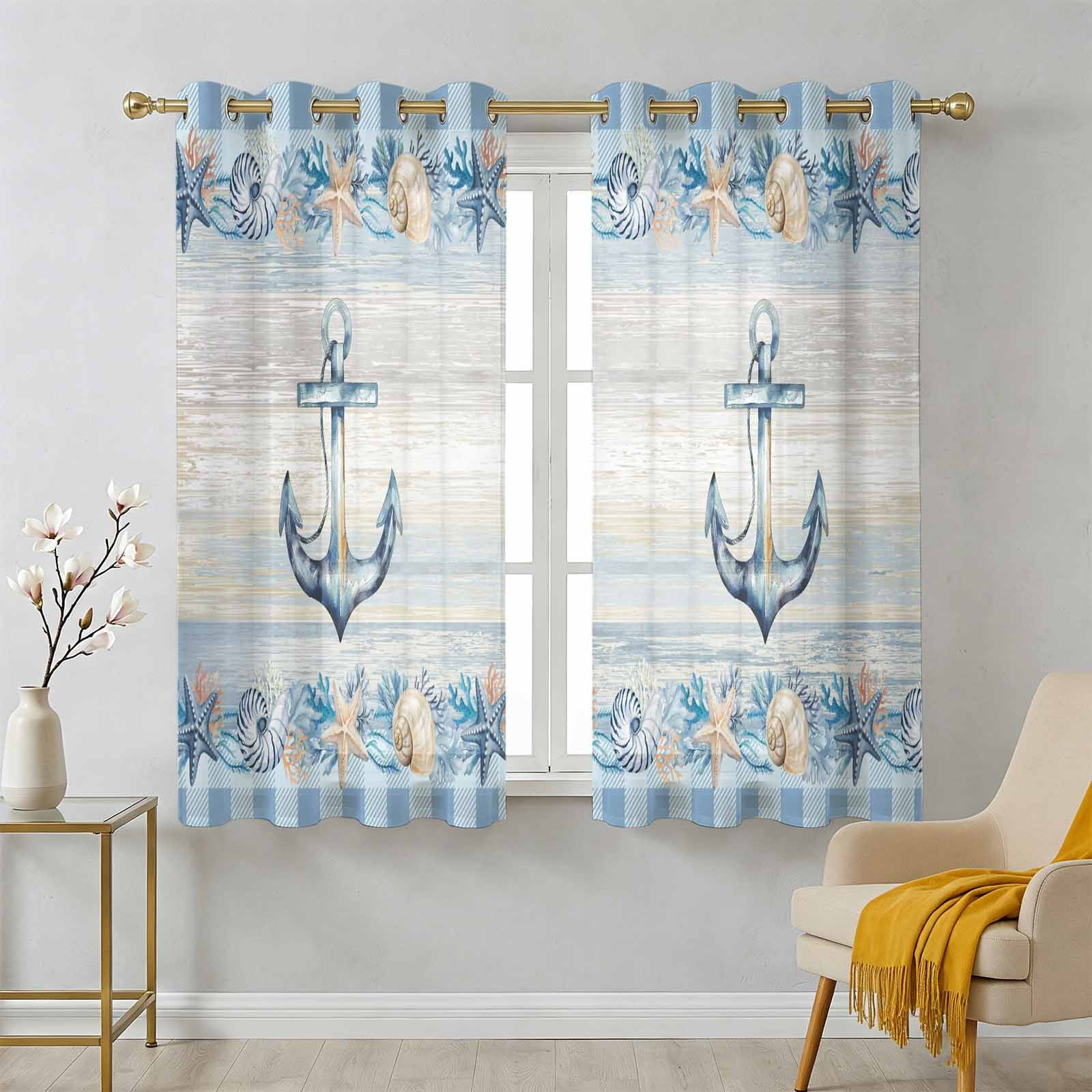 Blue Anchor Coastal Sheer Curtains 45 Inch Long 2 Panels, Summer ...