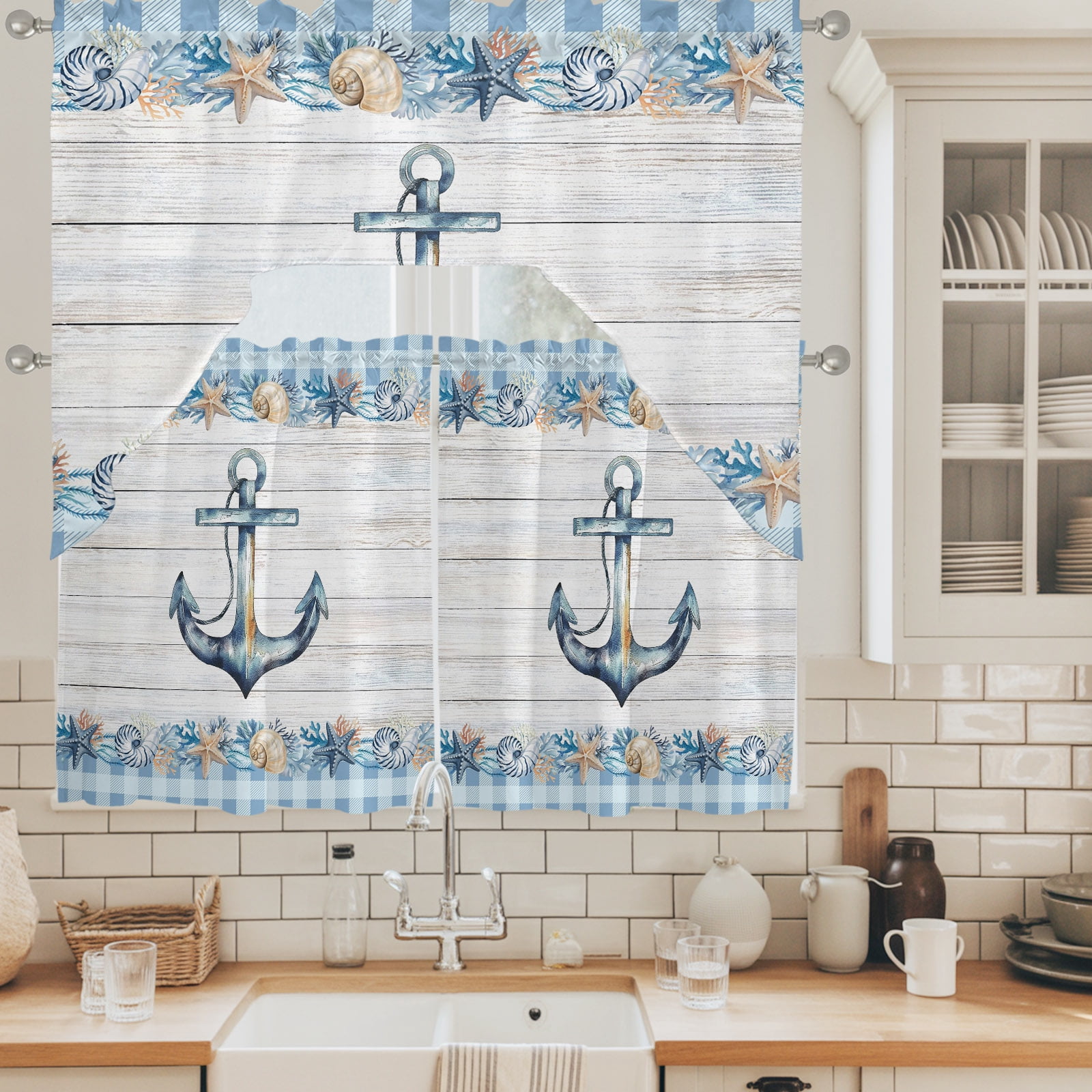 Blue Anchor Coastal Swag Curtains Valance and Tier Set, Summer Starfish ...