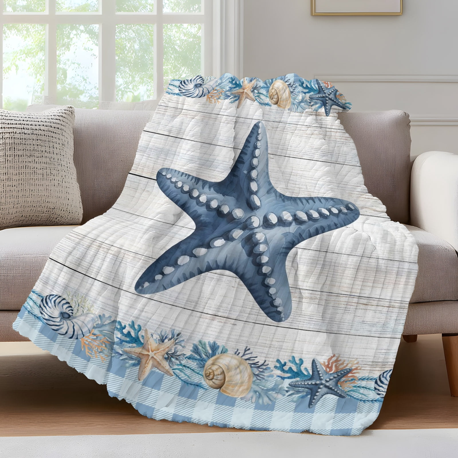 Blue Anchor Coastal Throw Blanket for Couch Summer Starfish Beach Coral ...