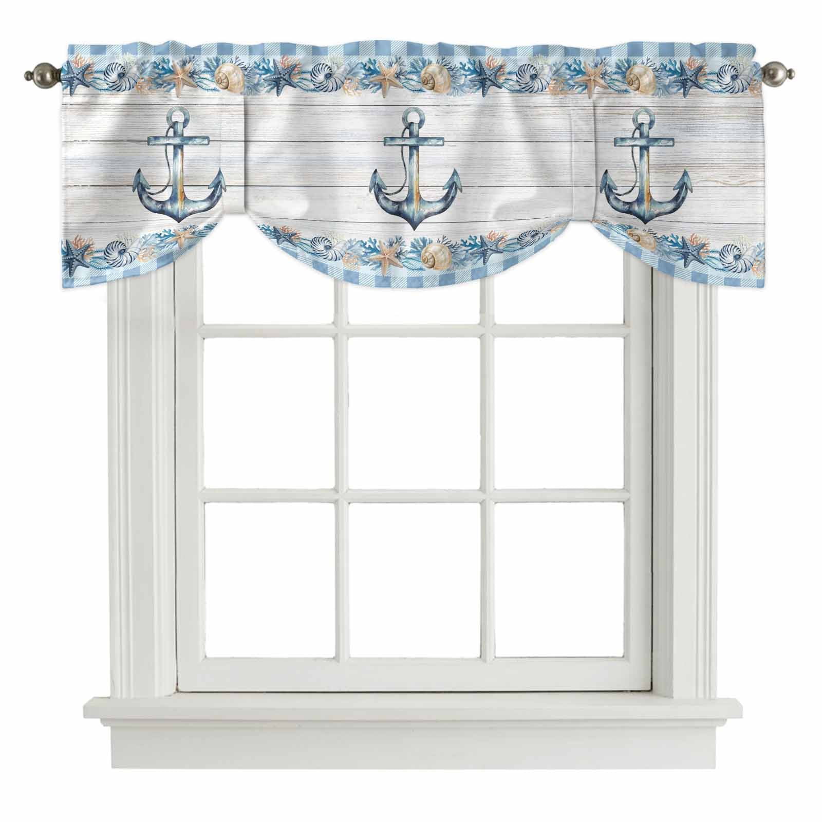 Blue Anchor Coastal Tie Up Valance Curtains Summer Starfish Beach Shell ...