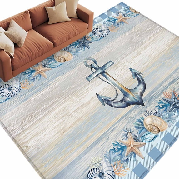 Blue Anchor Coastal Washable Living Room Rugs 5'x8', Summer Starfish ...