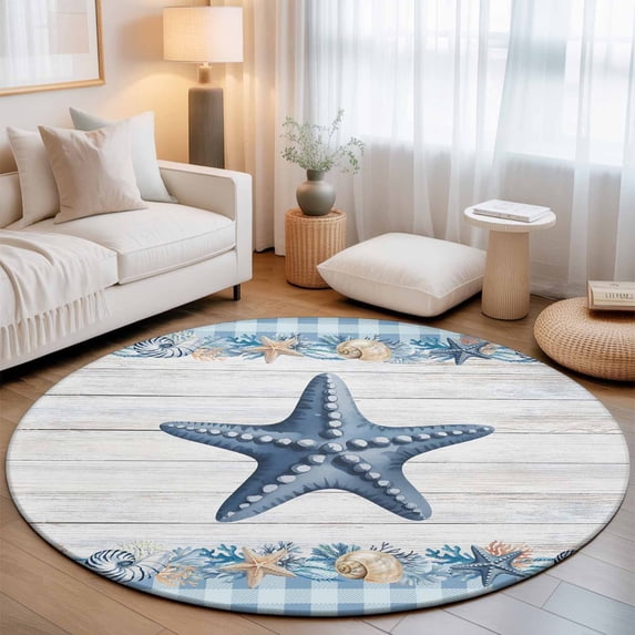 Blue Anchor Coastal Washable Round Area Rug 4 ft, Summer Starfish Beach ...
