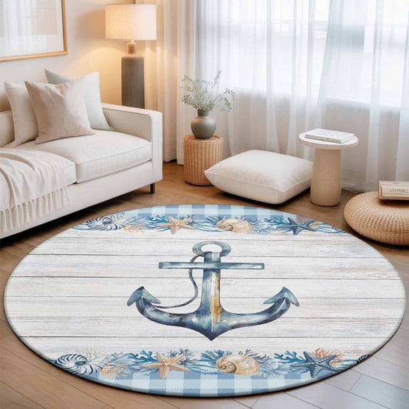 Blue Anchor Coastal Washable Round Area Rug 5 ft, Summer Starfish Beach ...