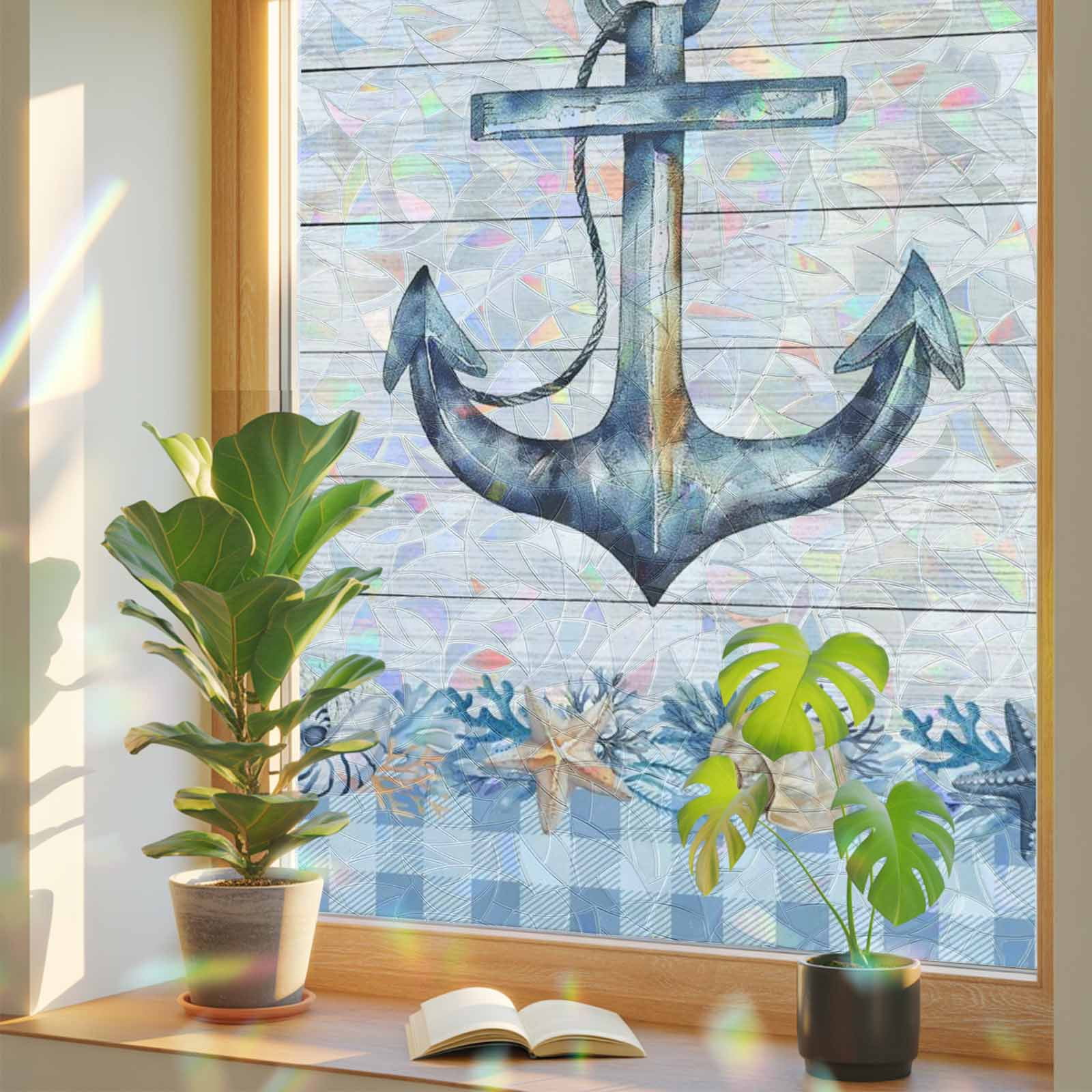 Blue Anchor Coastal Window Privacy Film Rainbow Static Cling Stain ...