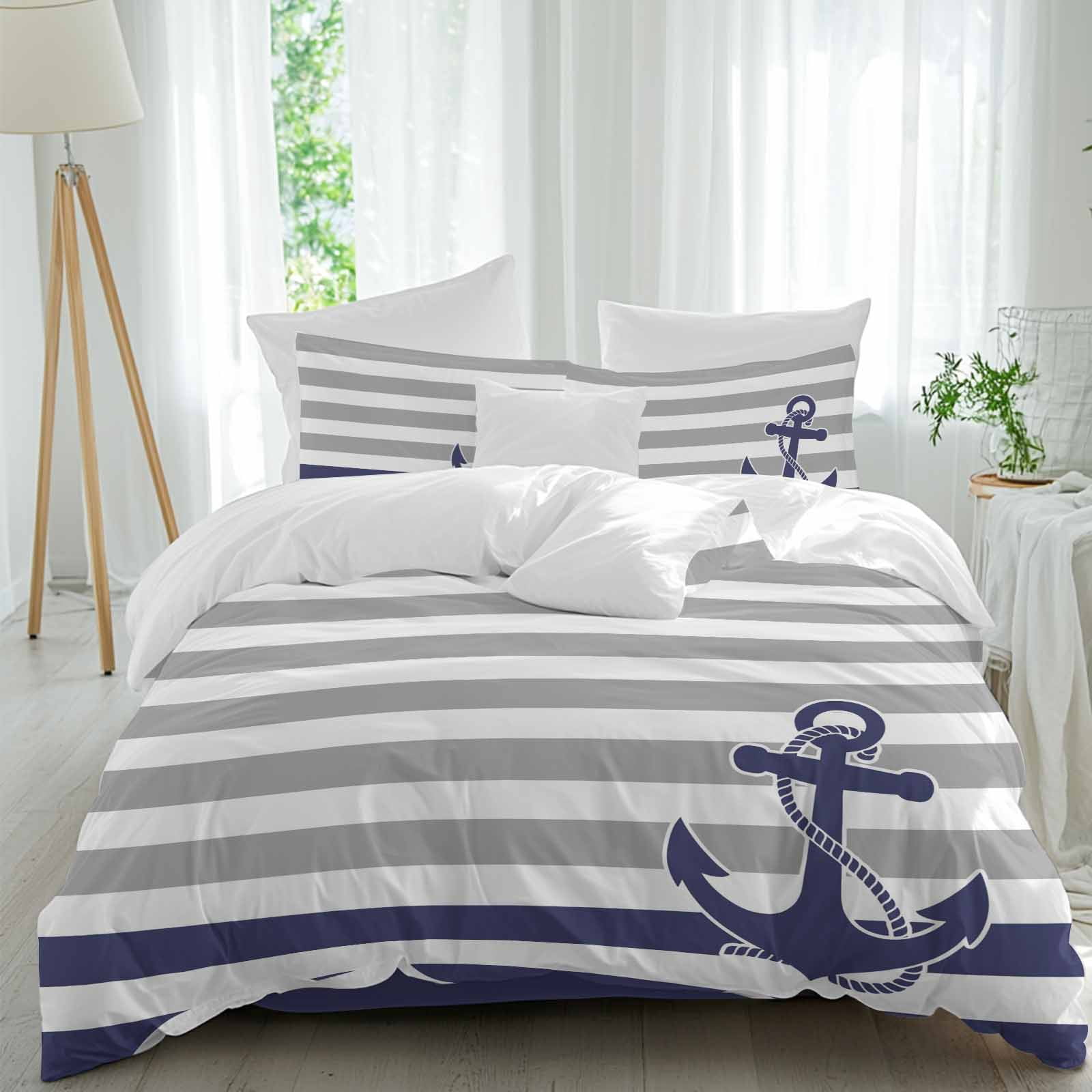 Blue Anchor Comforter Set Twin Size, Costal Grey White Blue Stripes ...
