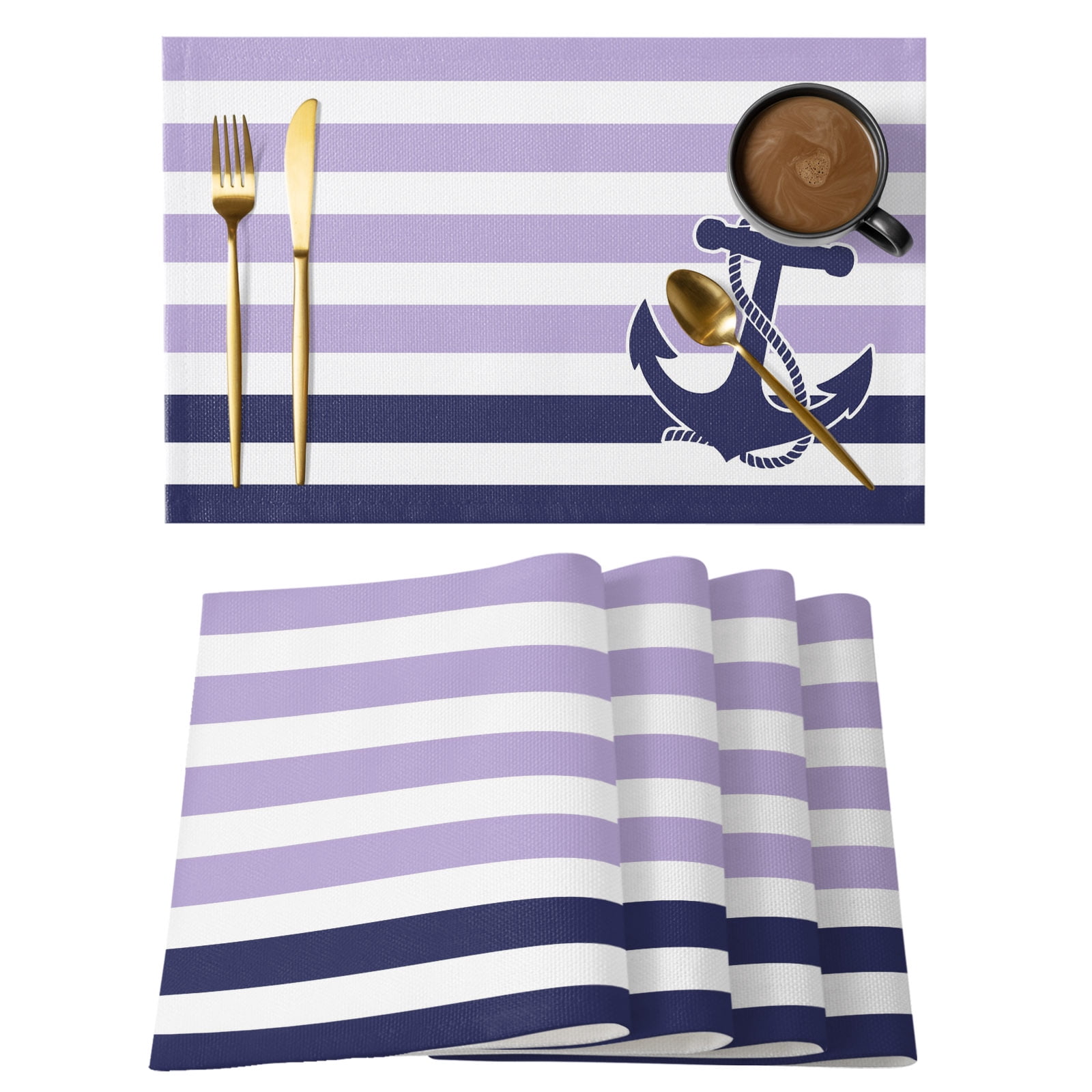 Blue Anchor Cotton Linen Placemats Set of 1, Costal Purple White Blue ...