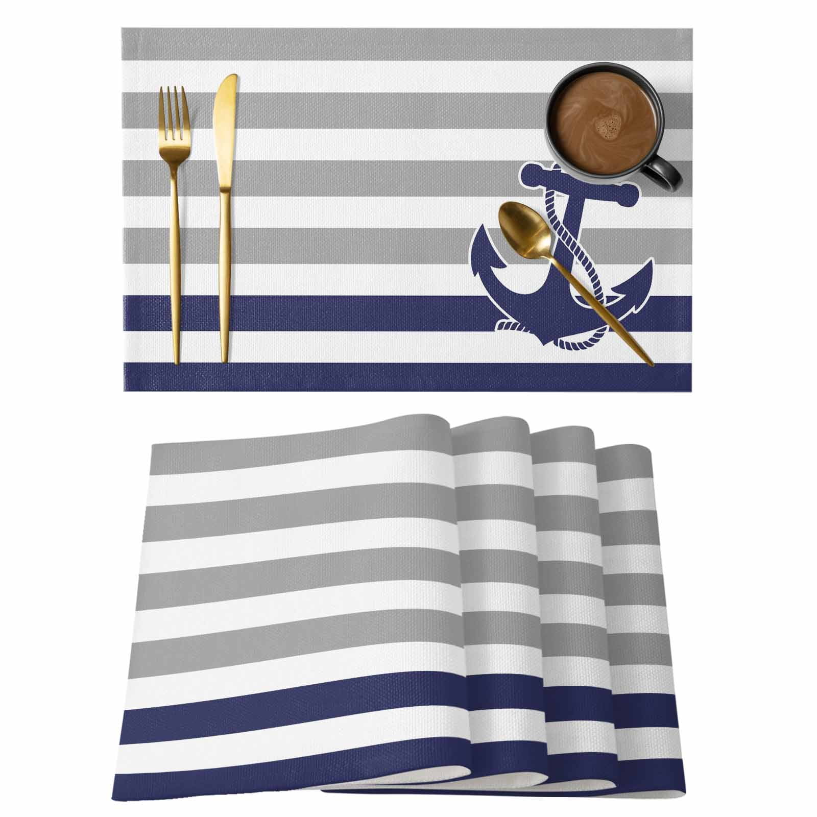 Blue Anchor Cotton Linen Placemats Set of 4, Costal Grey White Blue ...