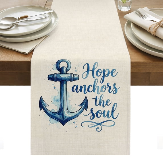 Blue Anchor Cotton Linen Table Runner Watercolor Hope Anchors The Soul ...