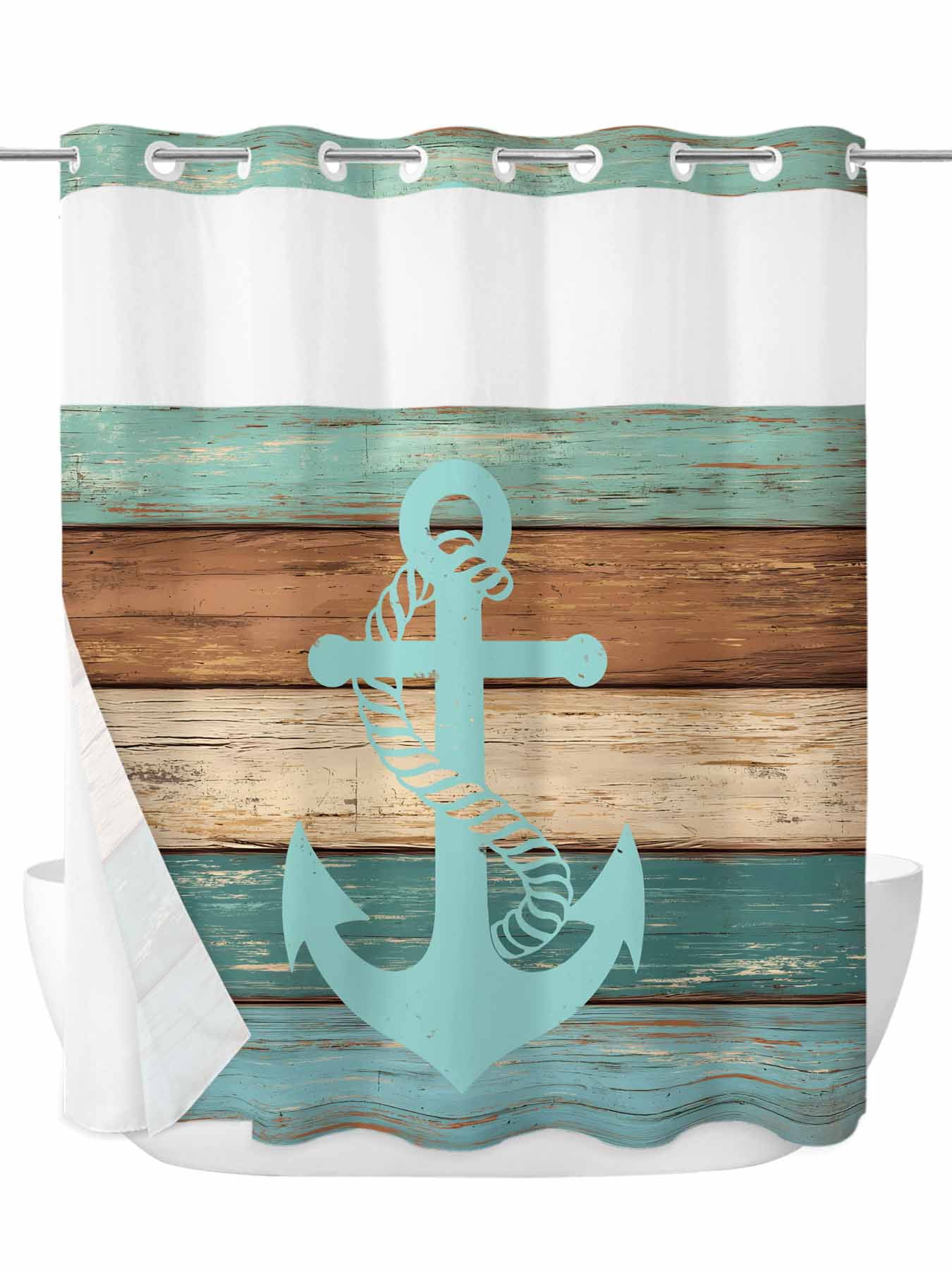 Blue Anchor No Hook Shower Curtain and Liner Set Turquoise Brown Wood ...