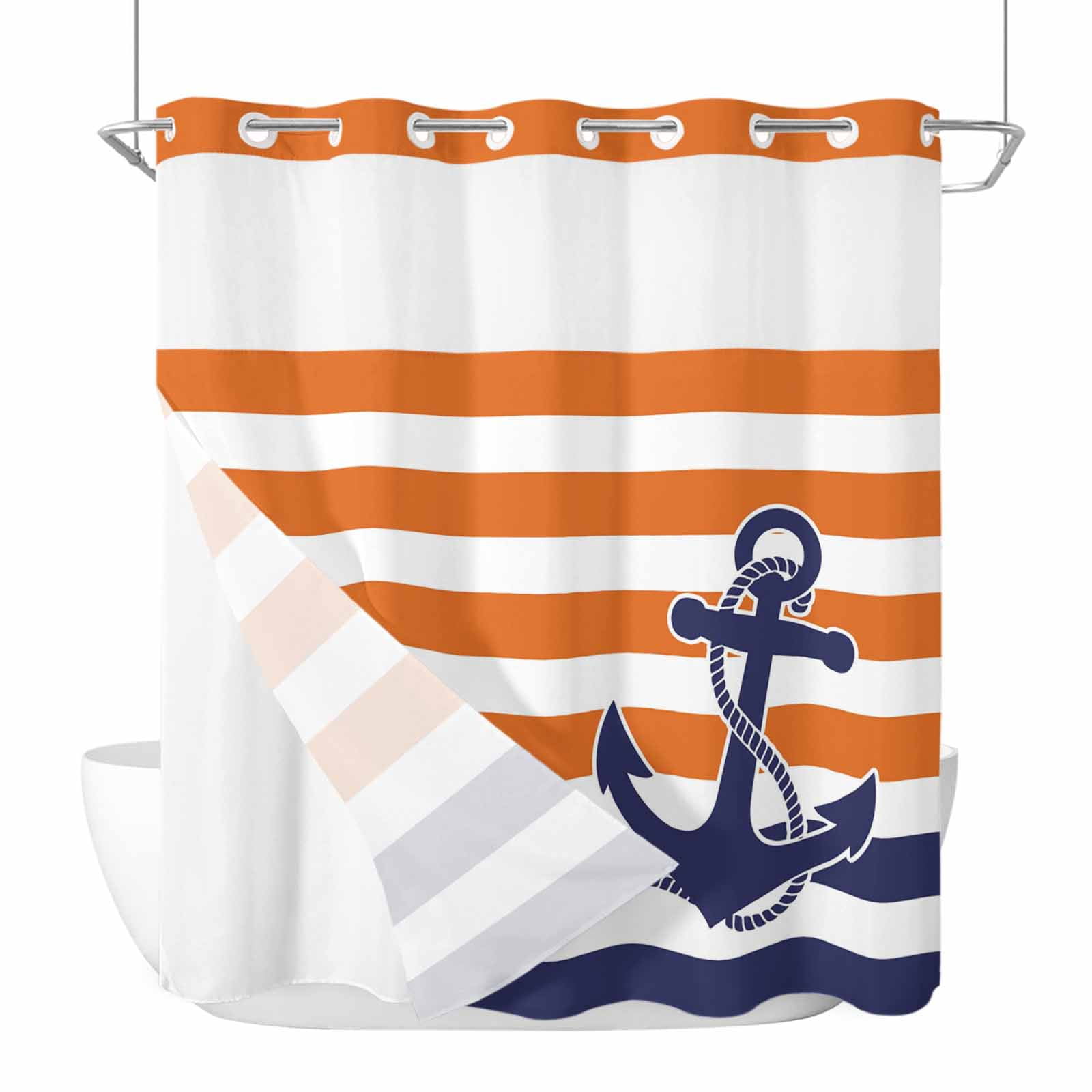 Blue Anchor No Hook Shower Curtain and Snap in Liner Set, Costal Orange ...