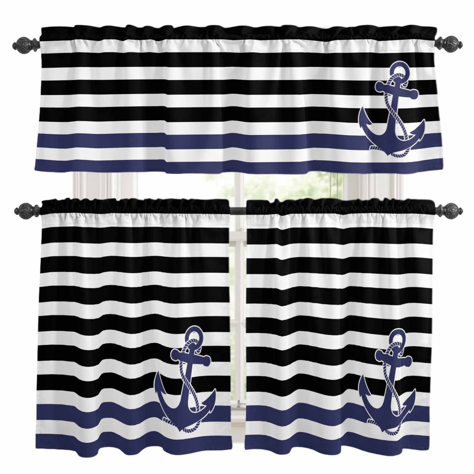 Blue Anchor Kitchen Curtains and Valances Set, Costal Black White Blue ...