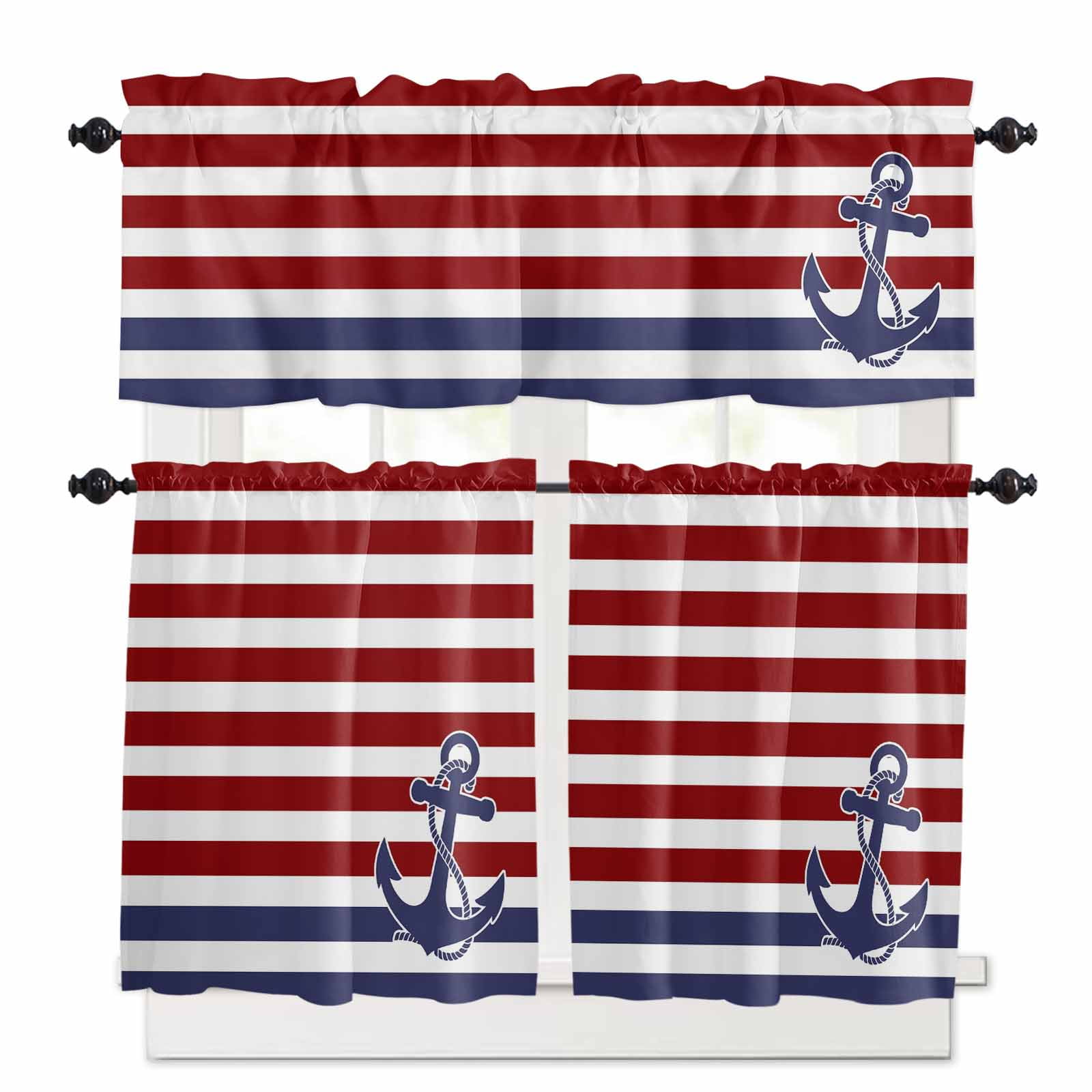 Blue Anchor Kitchen Curtains Valances and Tiers Set of 3, 36 Inch ...