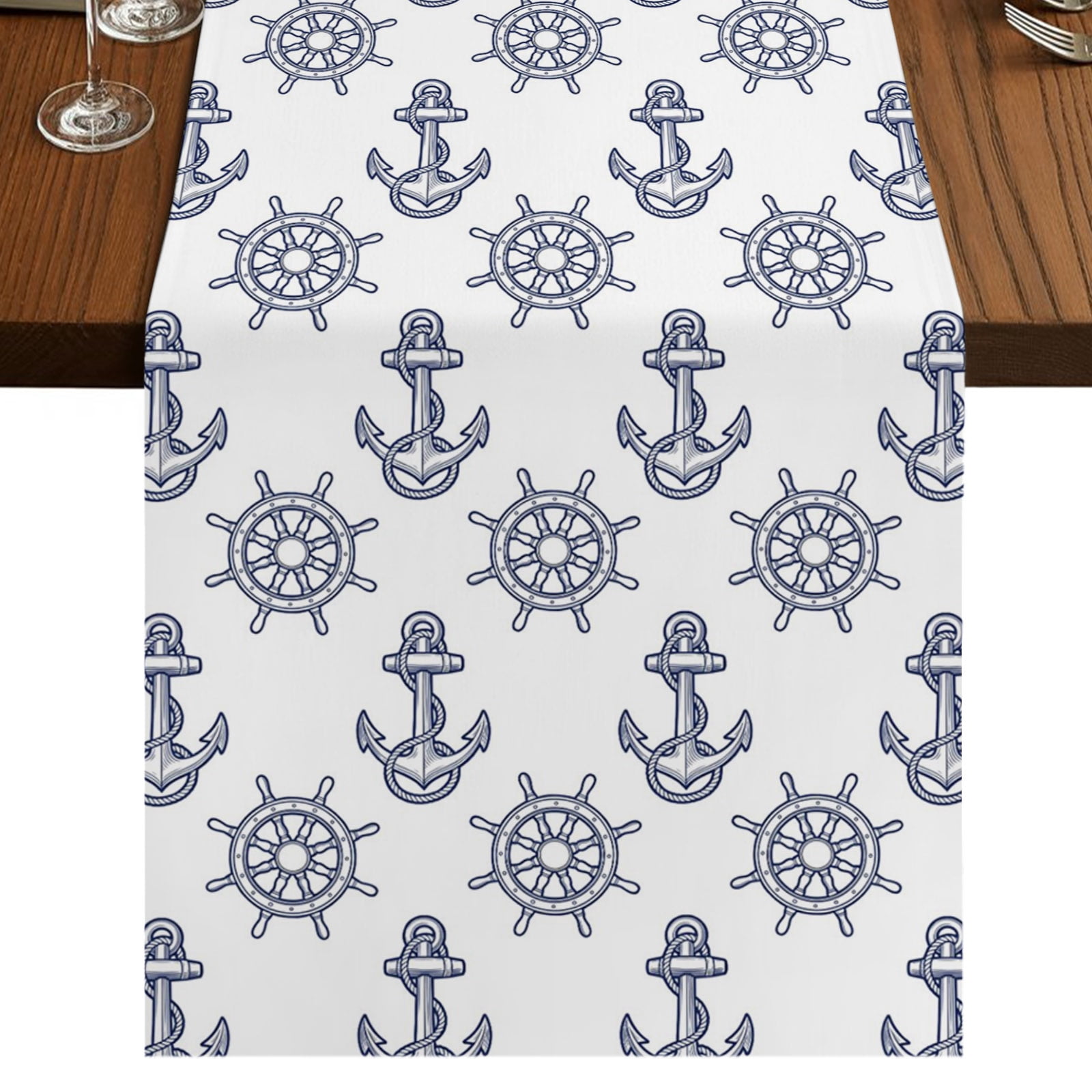 Blue Anchor Nautical Burlap Cotton Table Runner 14x72 Inches Long ...