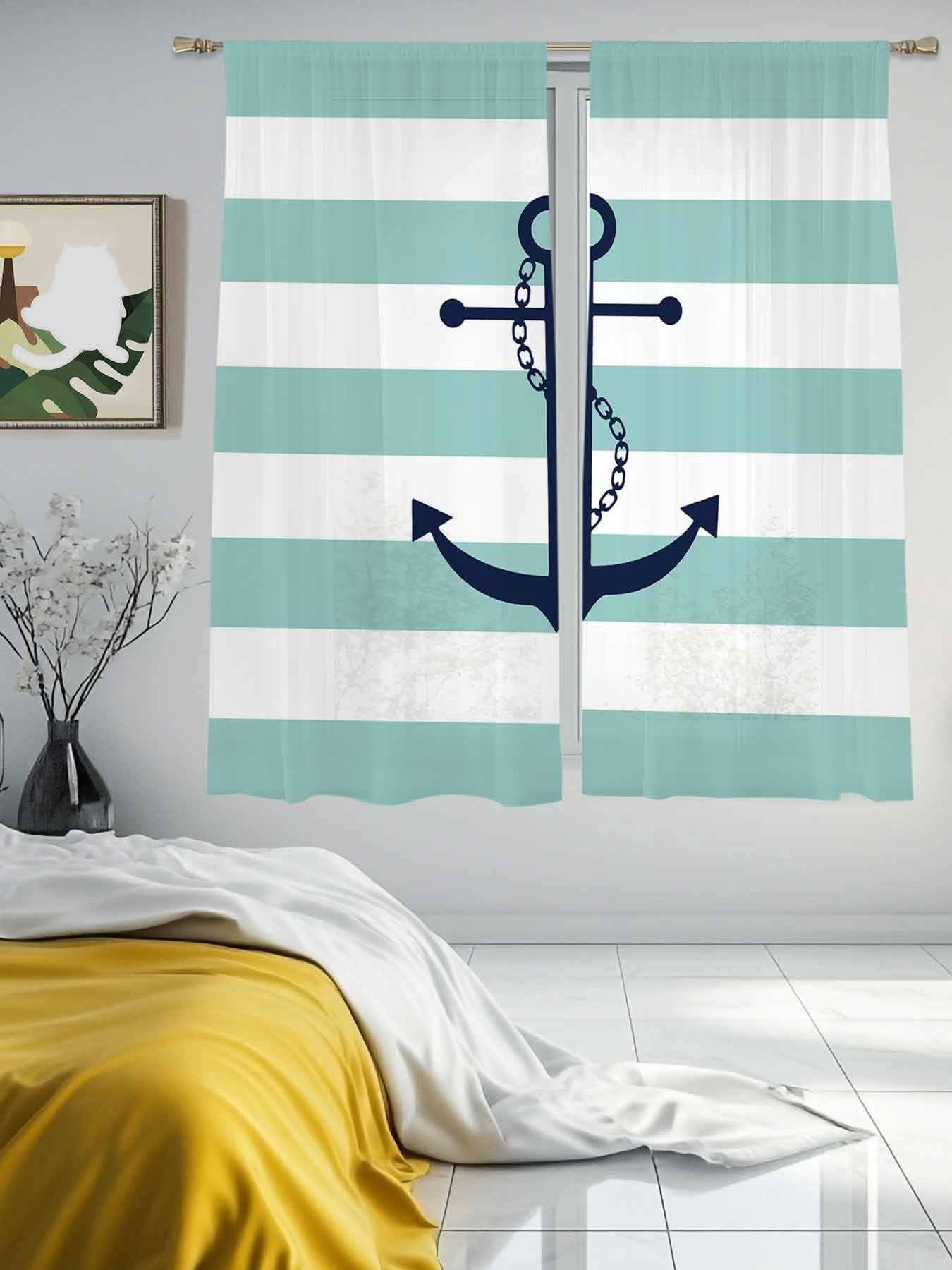Blue Anchor Nautical Coastal Chiffon Sheer Curtains 63 Inches Long ...