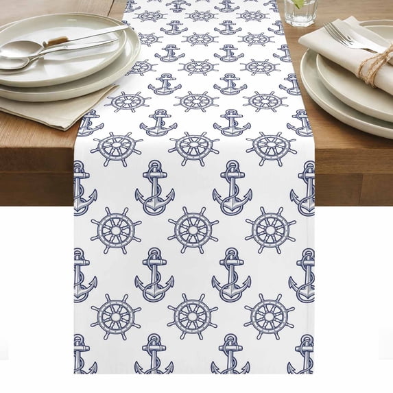Blue Anchor Nautical Table Runner Rudder Coastal Summer Ocean ...