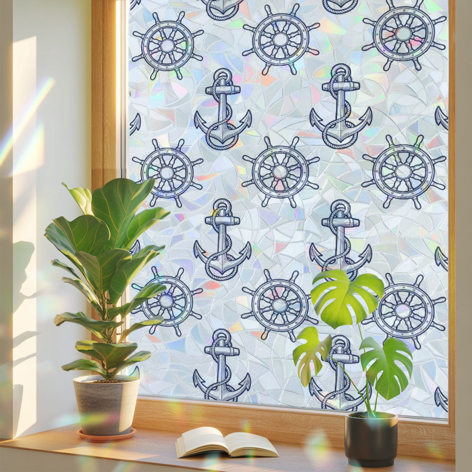 Blue Anchor Nautical Window Privacy Film Rainbow Static Cling Stain ...