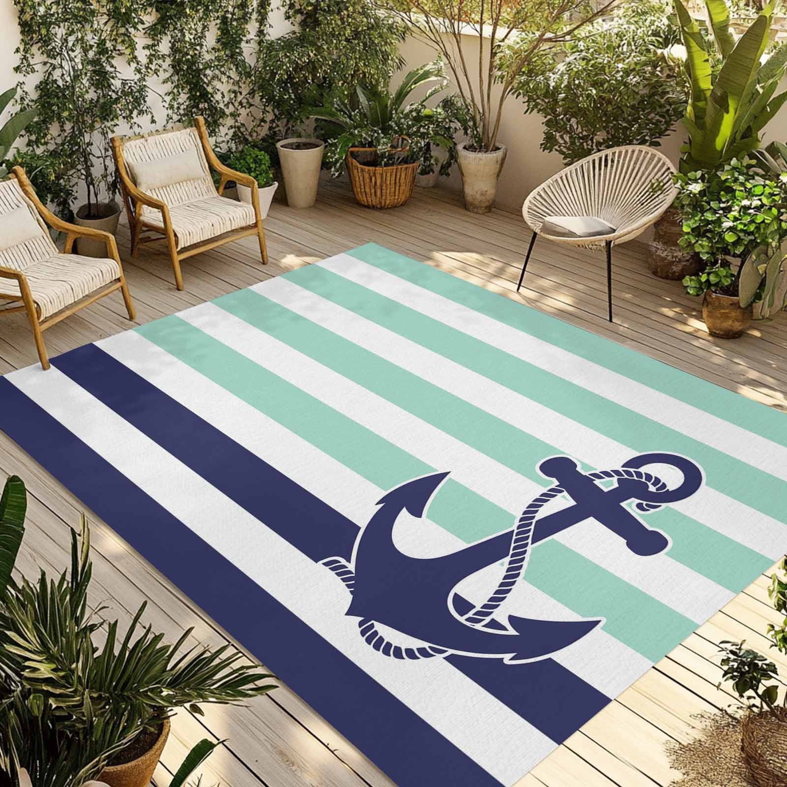Blue Anchor Outdoor Rug, Costal Mint Green White Stripes Background Non ...