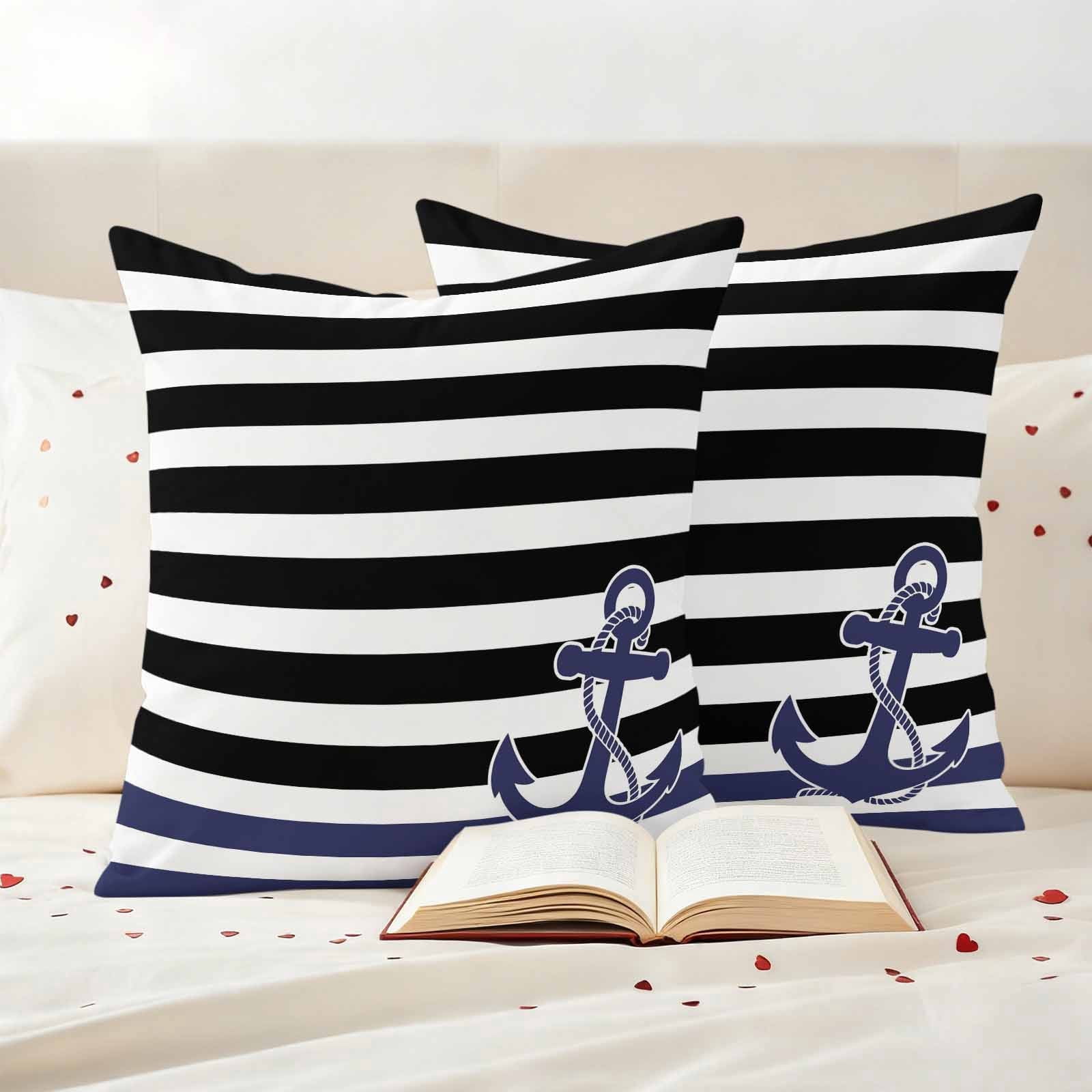 Blue Anchor Outdoor Throw Pillow Covers Set of 2, Costal Black White ...