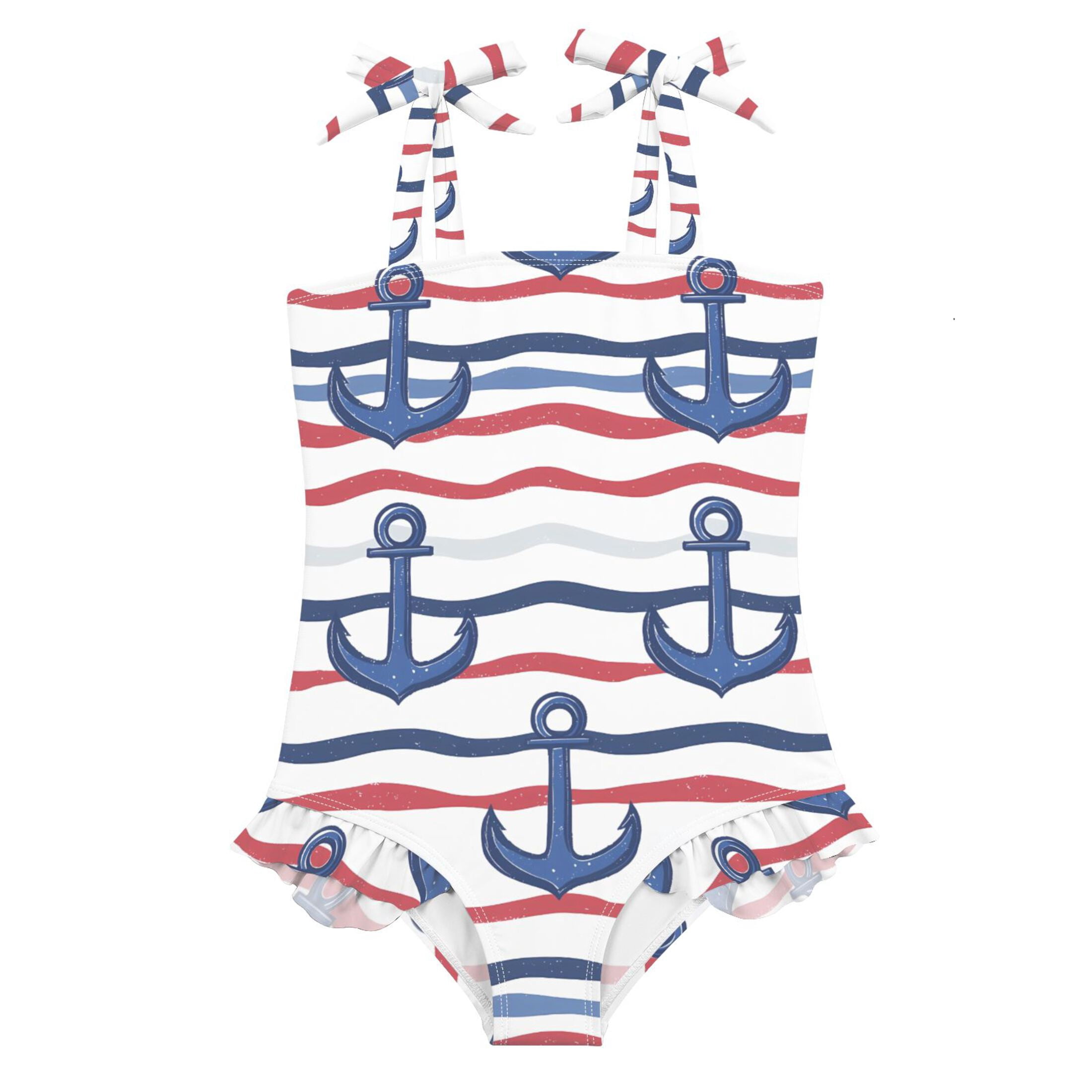 Blue Anchor Pattern Girls' One-Piece Swimsuit Bowknot Tie Shoulder ...