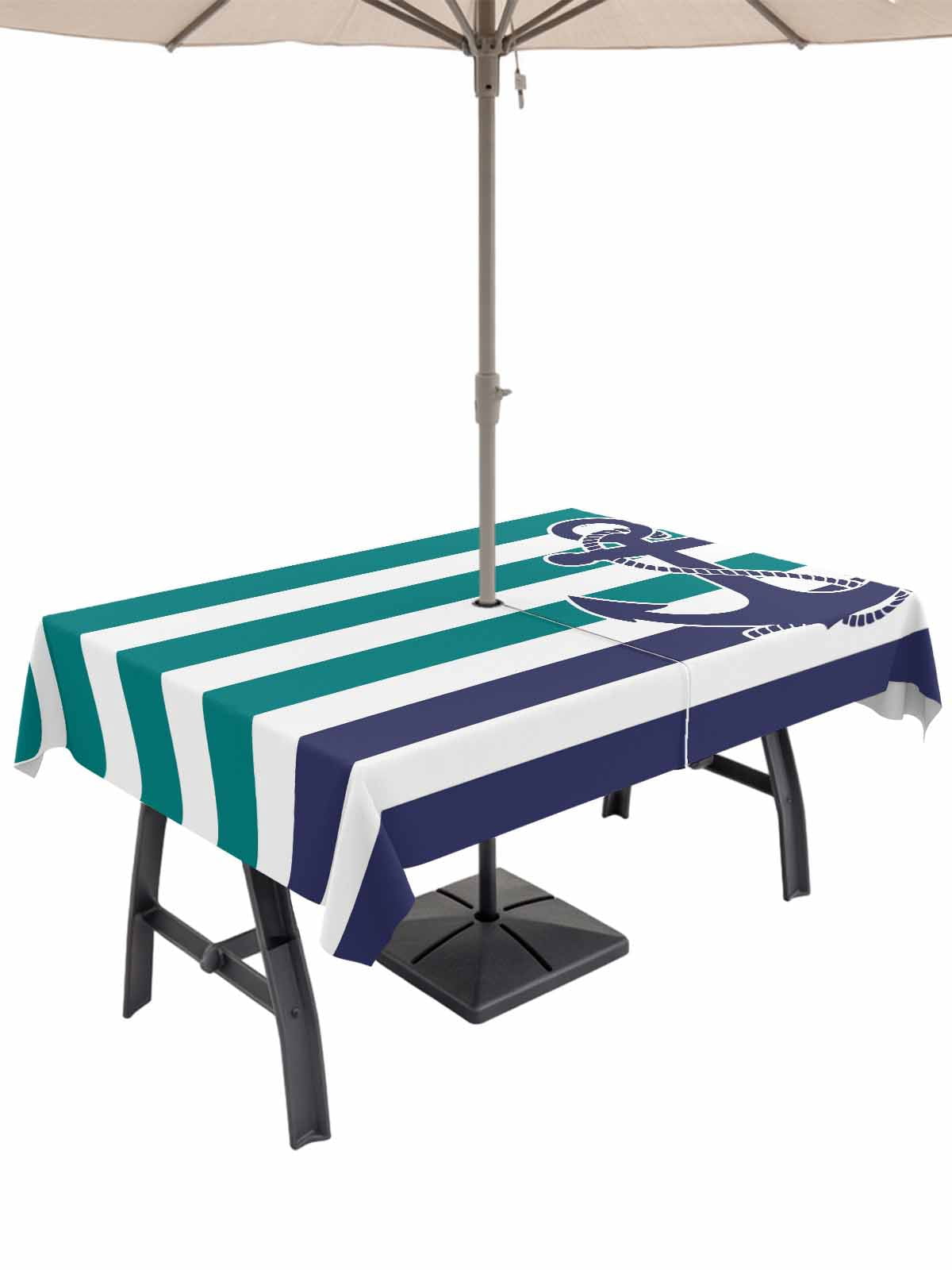 Blue Anchor Rectangle Outdoor Tablecloth with Umbrella Hole Costal ...