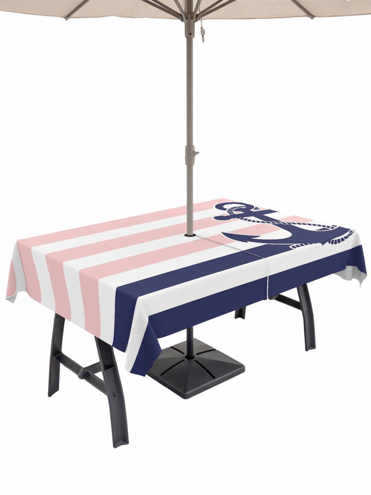 Blue Anchor Rectangle Outdoor Tablecloth with Umbrella Hole Costal Pink ...