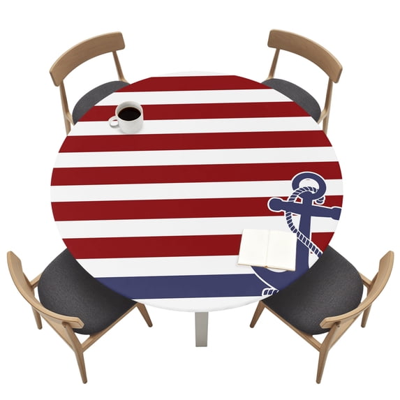 Blue Anchor Round Fitted Tablecloth Costal Red White Blue Stripes ...