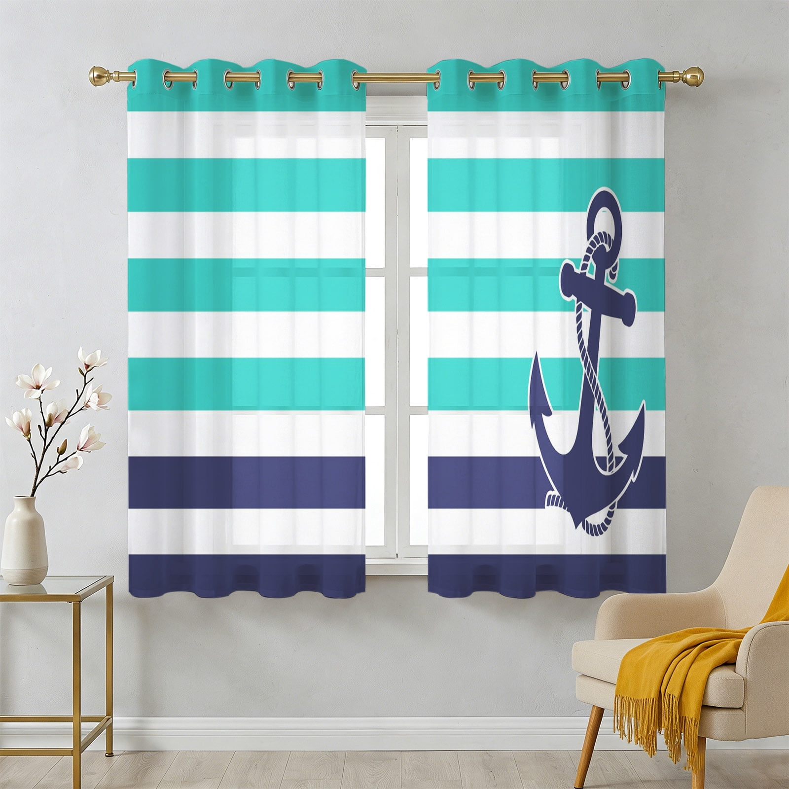 Blue Anchor Sheer Curtains 39 Inch Long 2 Panels, Costal Turquoise ...