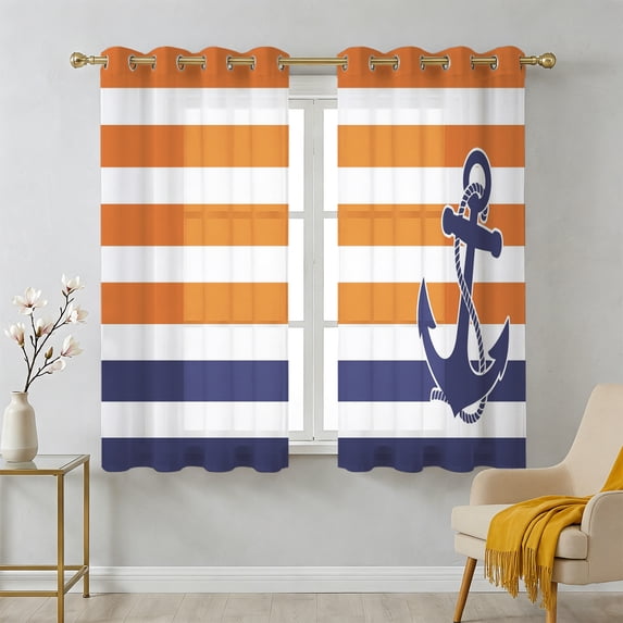 Blue Anchor Sheer Curtains 45 Inch Long 2 Panels, Costal Orange White ...