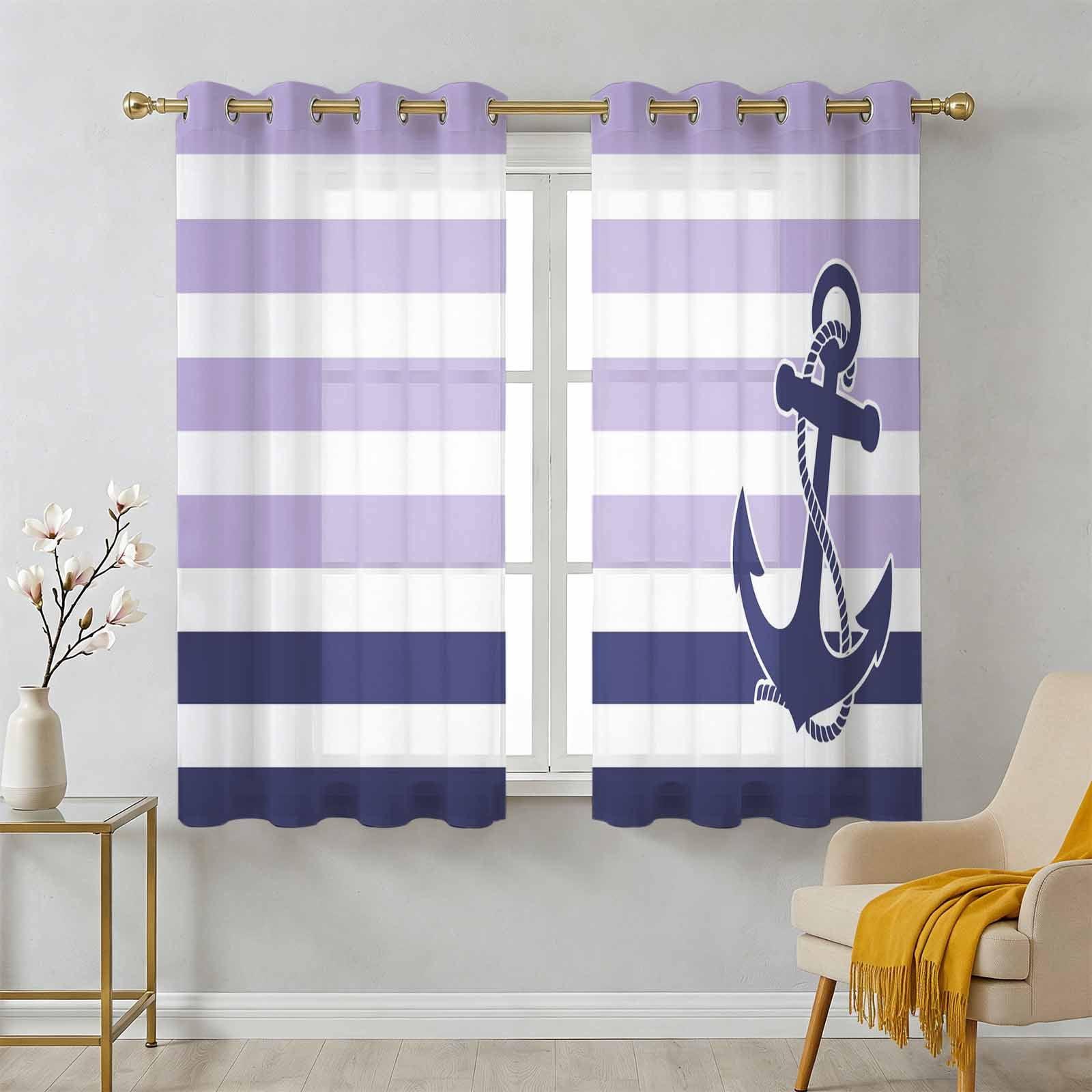 Blue Anchor Sheer Curtains 54 Inch Long 2 Panels, Costal Purple White ...