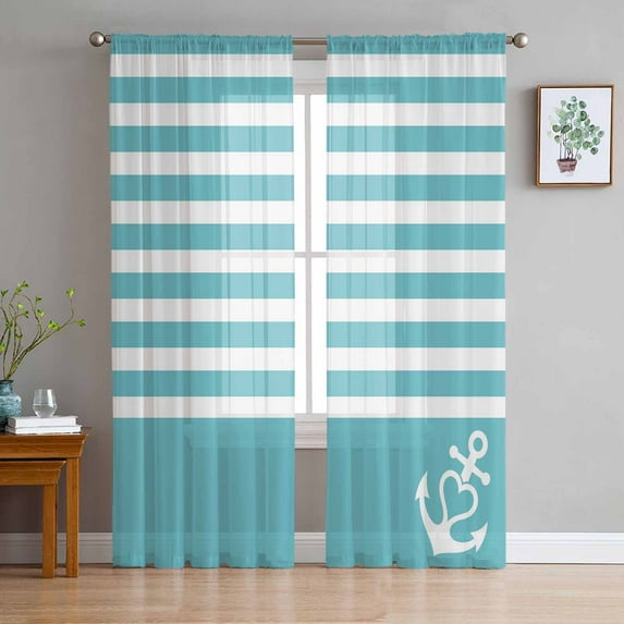 Blue Anchor Sheer Curtains 63 Inch Length 2 Panels Set, Semi Transparent Voile Rod Pocket ...