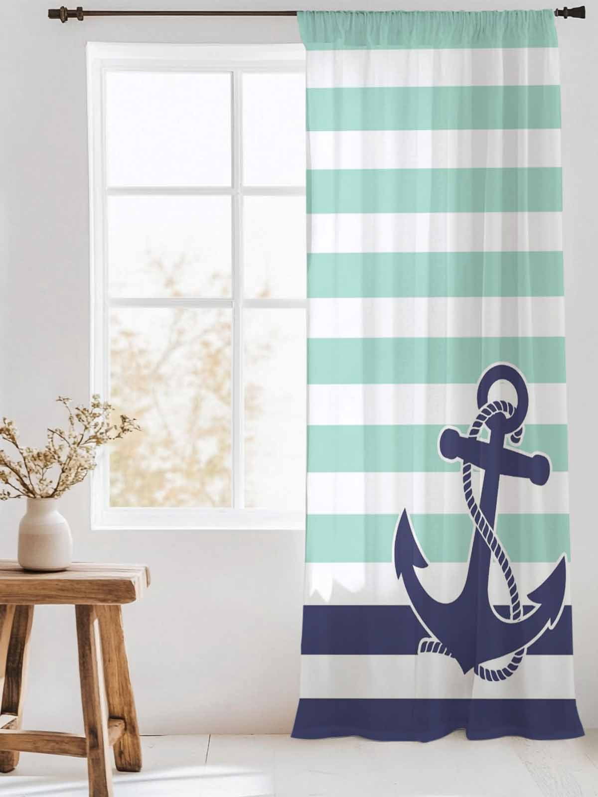 Blue Anchor Sheer Curtains 96 Inch Long 1 Panel Costal Mint Green White ...
