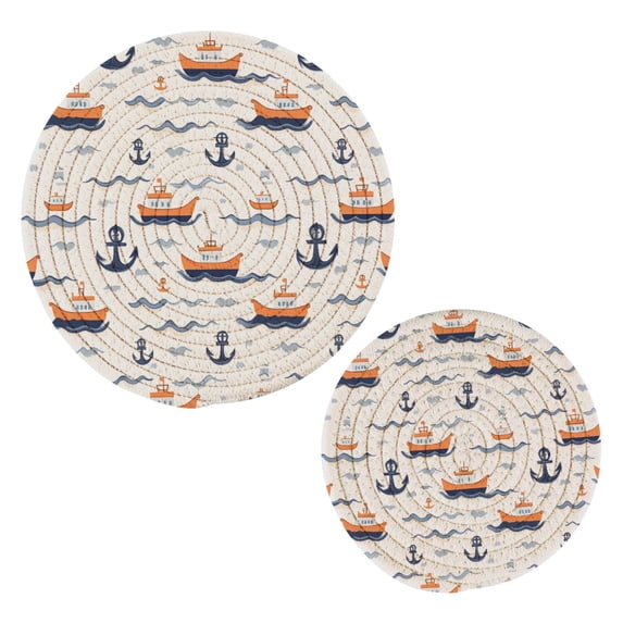 Blue Anchor Ship Pattern Cotton Trivets Potholders Set of 2 Handmade ...