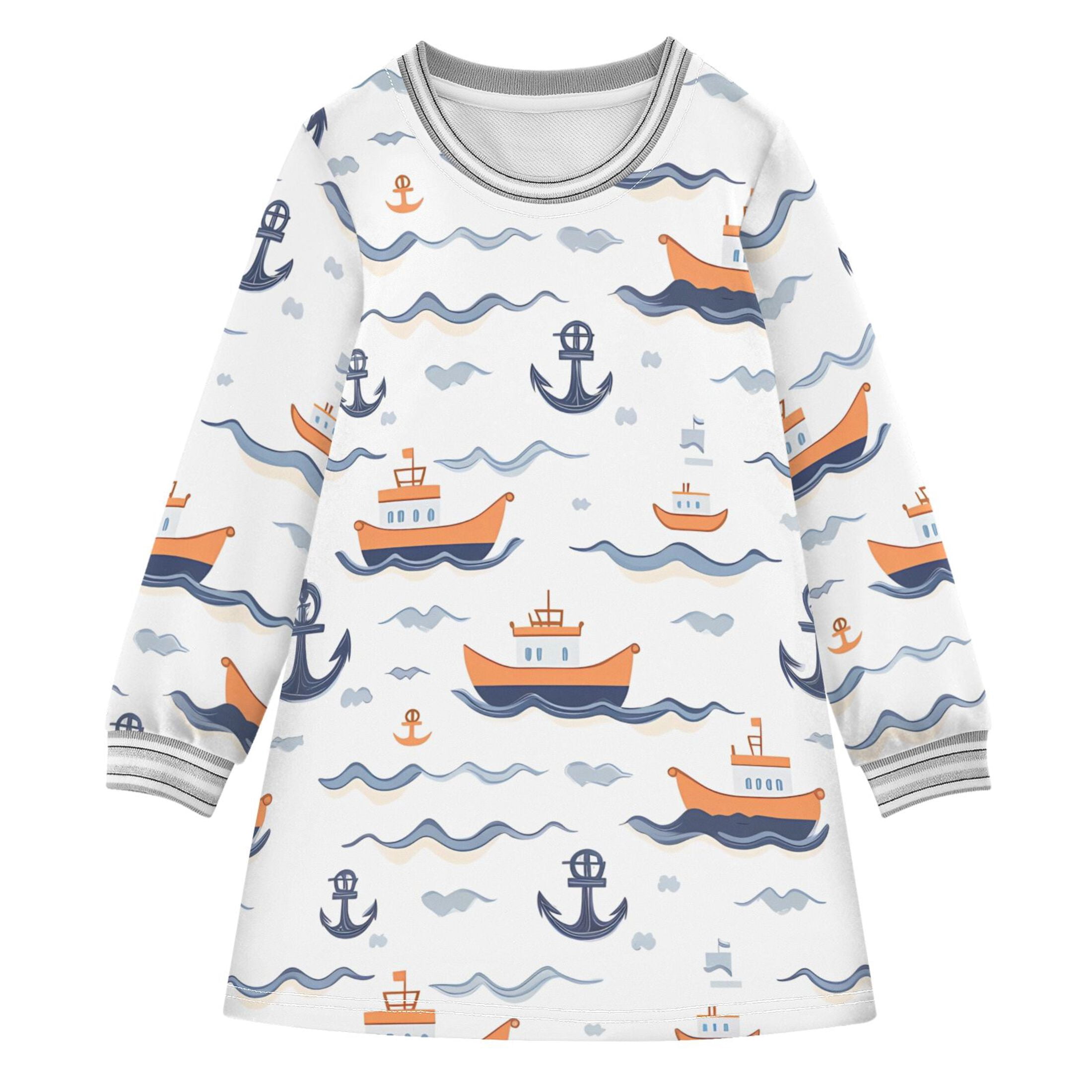 Blue Anchor Ship Pattern Girls'long-sleeved dress Thickened A-dress ...