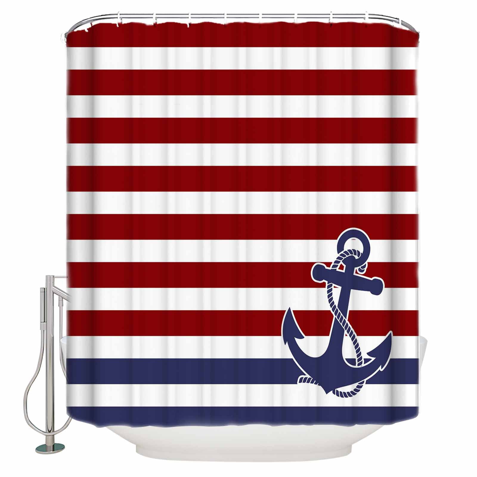 Blue Anchor Shower Curtain, 72" x 72", Costal Red White Blue Stripes ...