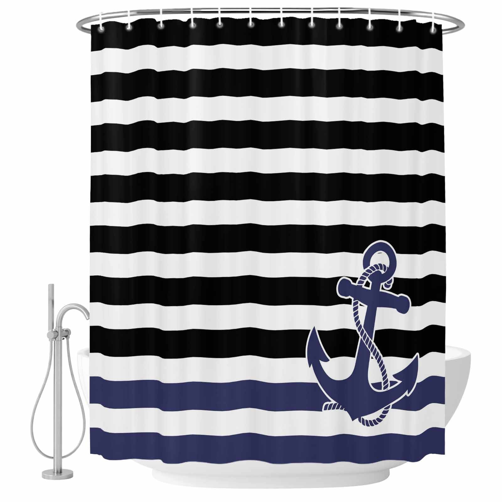 Blue Anchor Shower Curtain for Bathroom, Costal Black White Blue ...