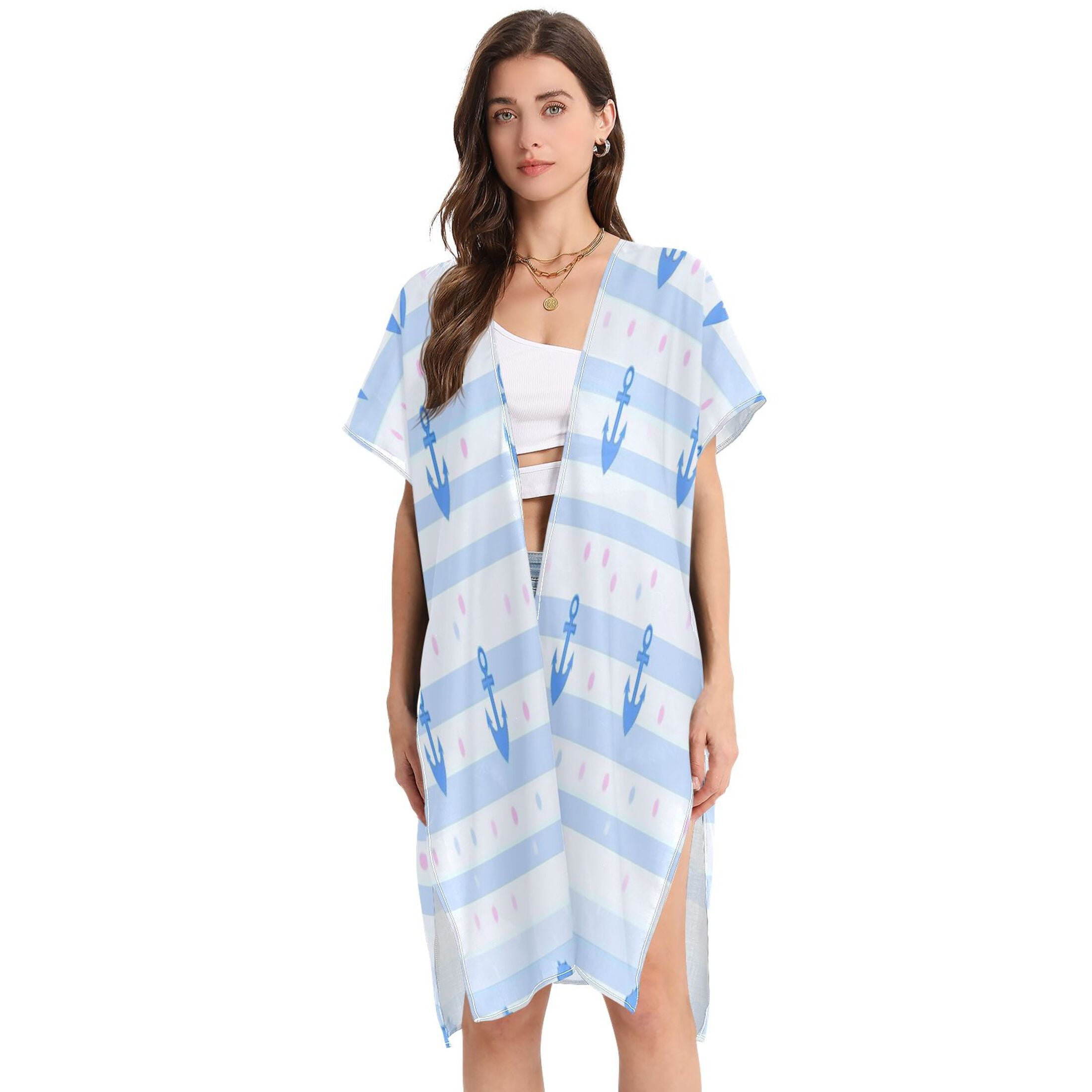Blue Anchor Stripes Women's Swimwear Cover Up Summer Cardigan Beach ...