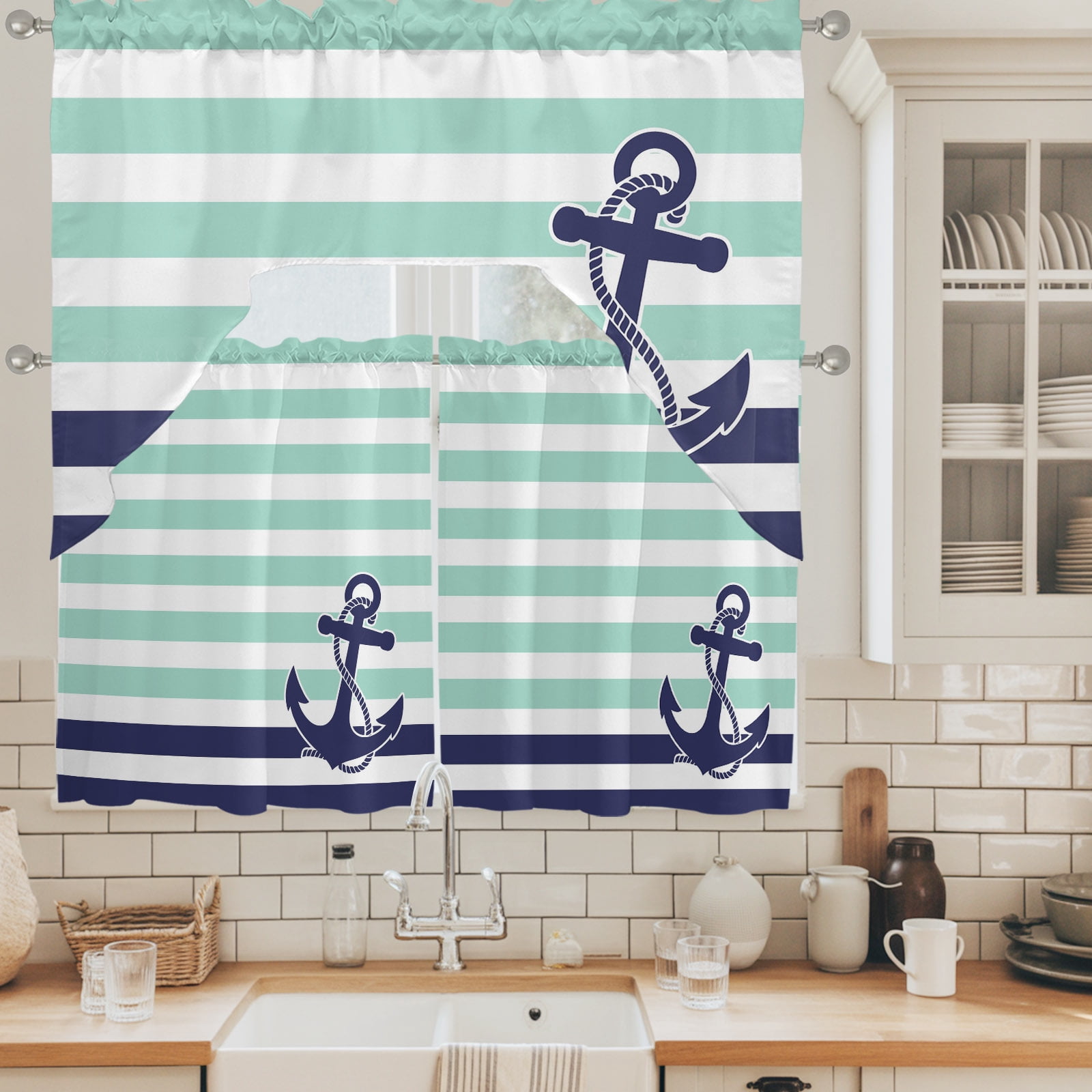 Blue Anchor Swag Curtains Valance and Tier Set, Costal Mint Green White ...