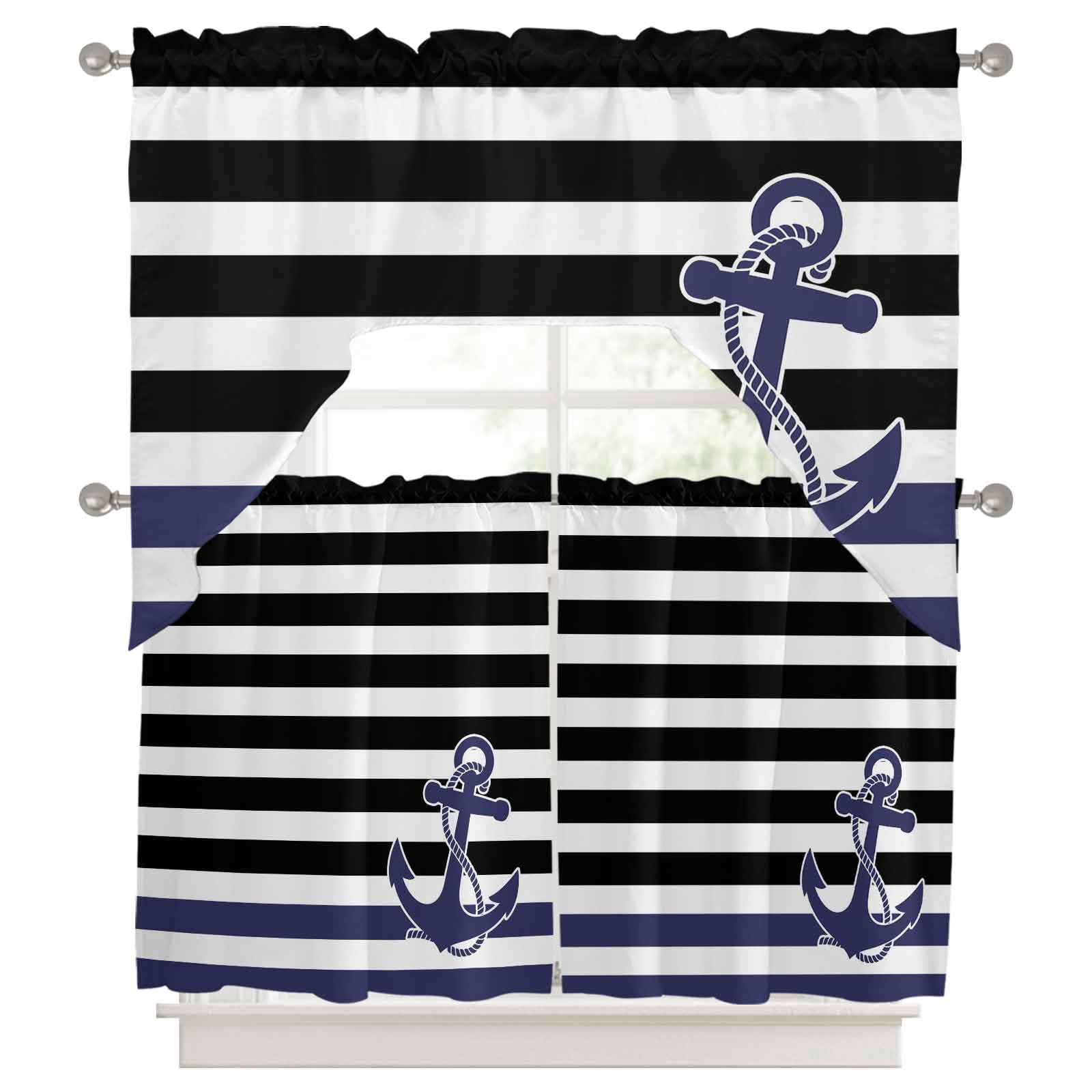 Blue Anchor Swag Valance and Tier Set of 3, Costal Black White Blue ...
