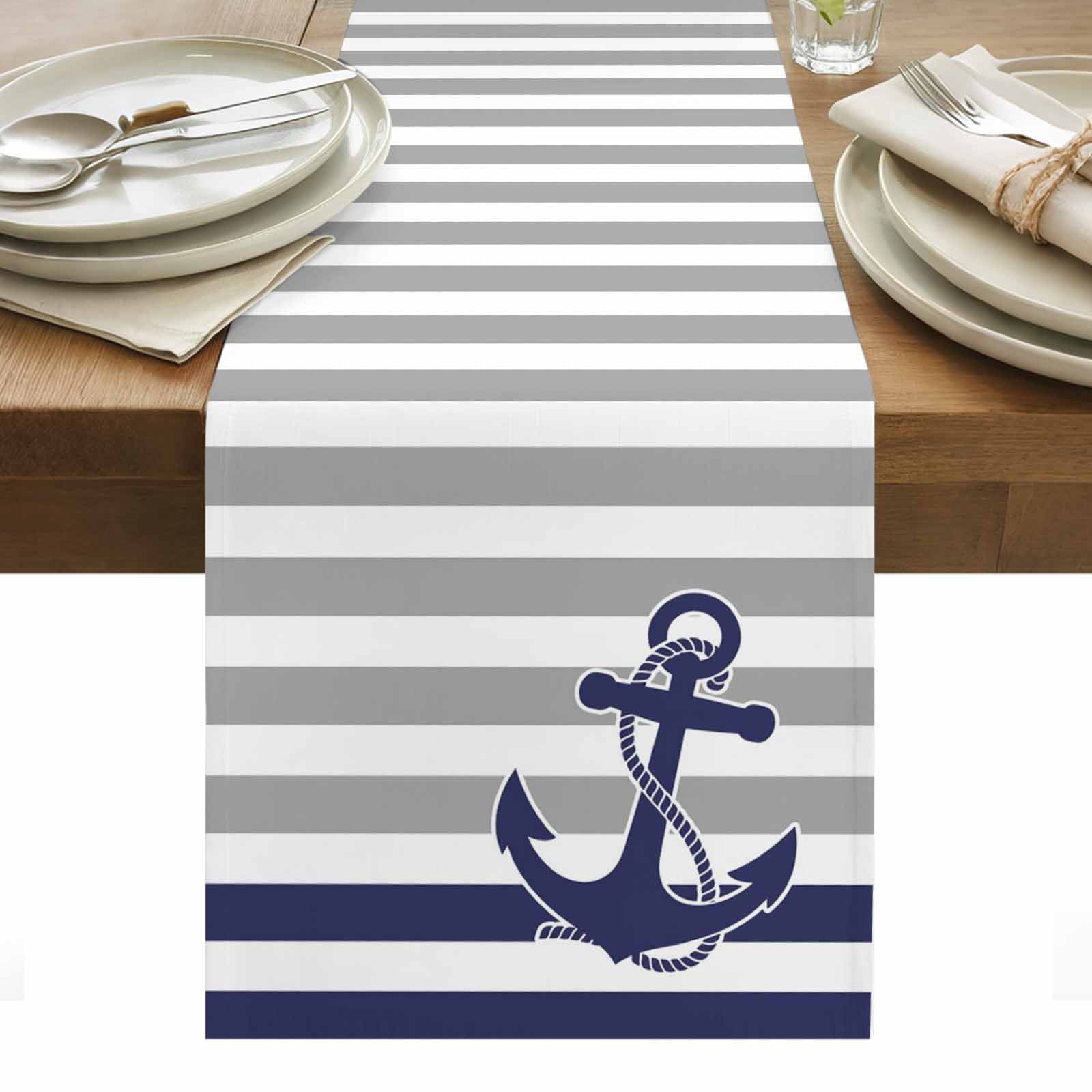 Blue Anchor Table Runner 13 x 48 Inch, Costal Grey White Blue Stripes ...