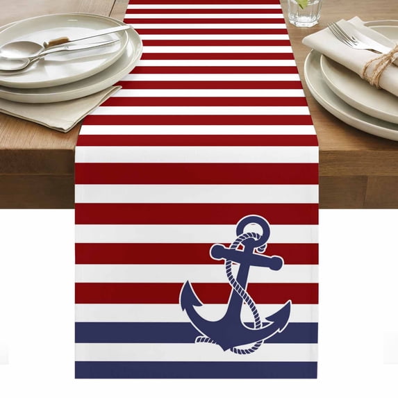Blue Anchor Table Runner 13 x 48 Inch, Costal Red White Blue Stripes ...