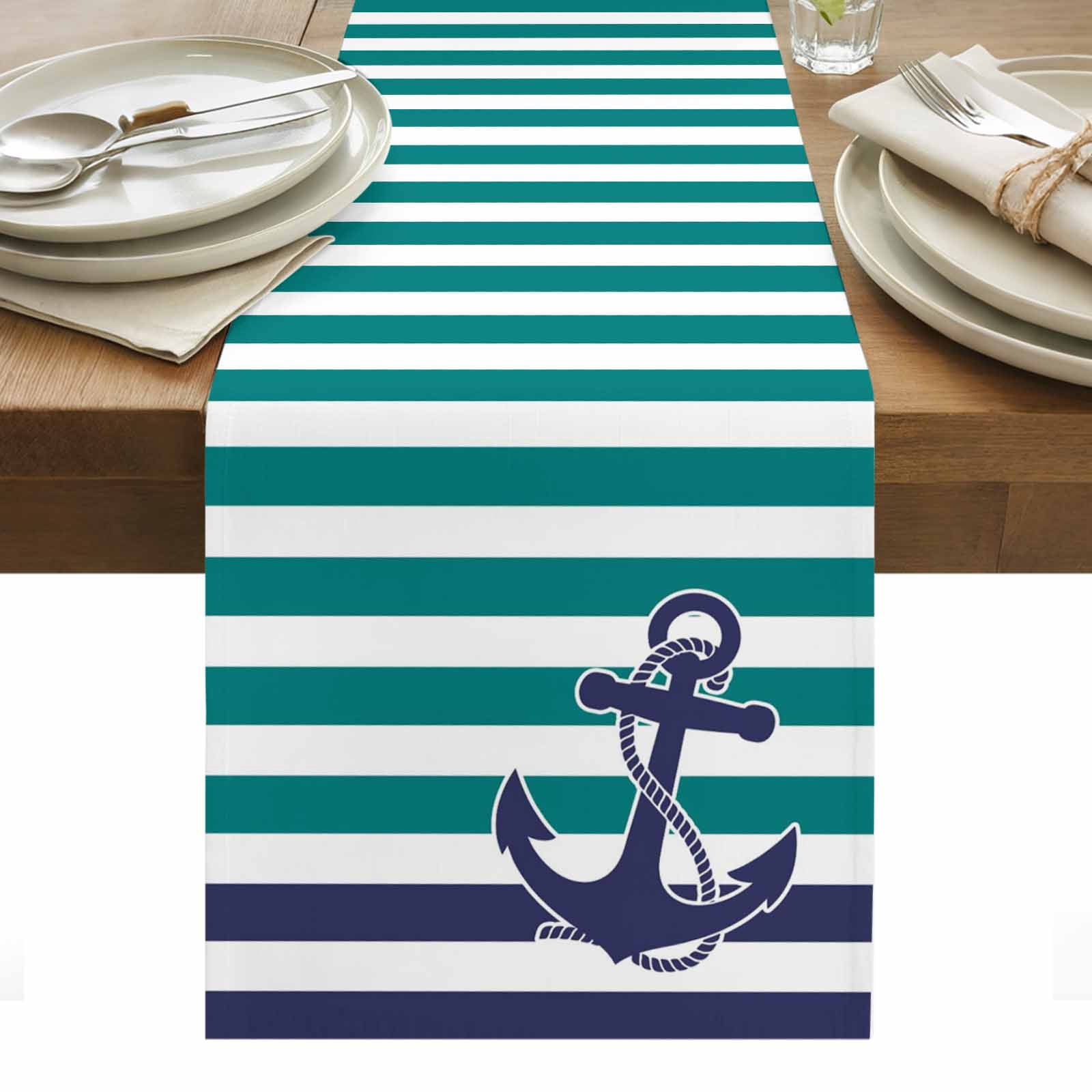 Blue Anchor Table Runner 13 x 60 Inch, Costal Green White Blue Stripes ...