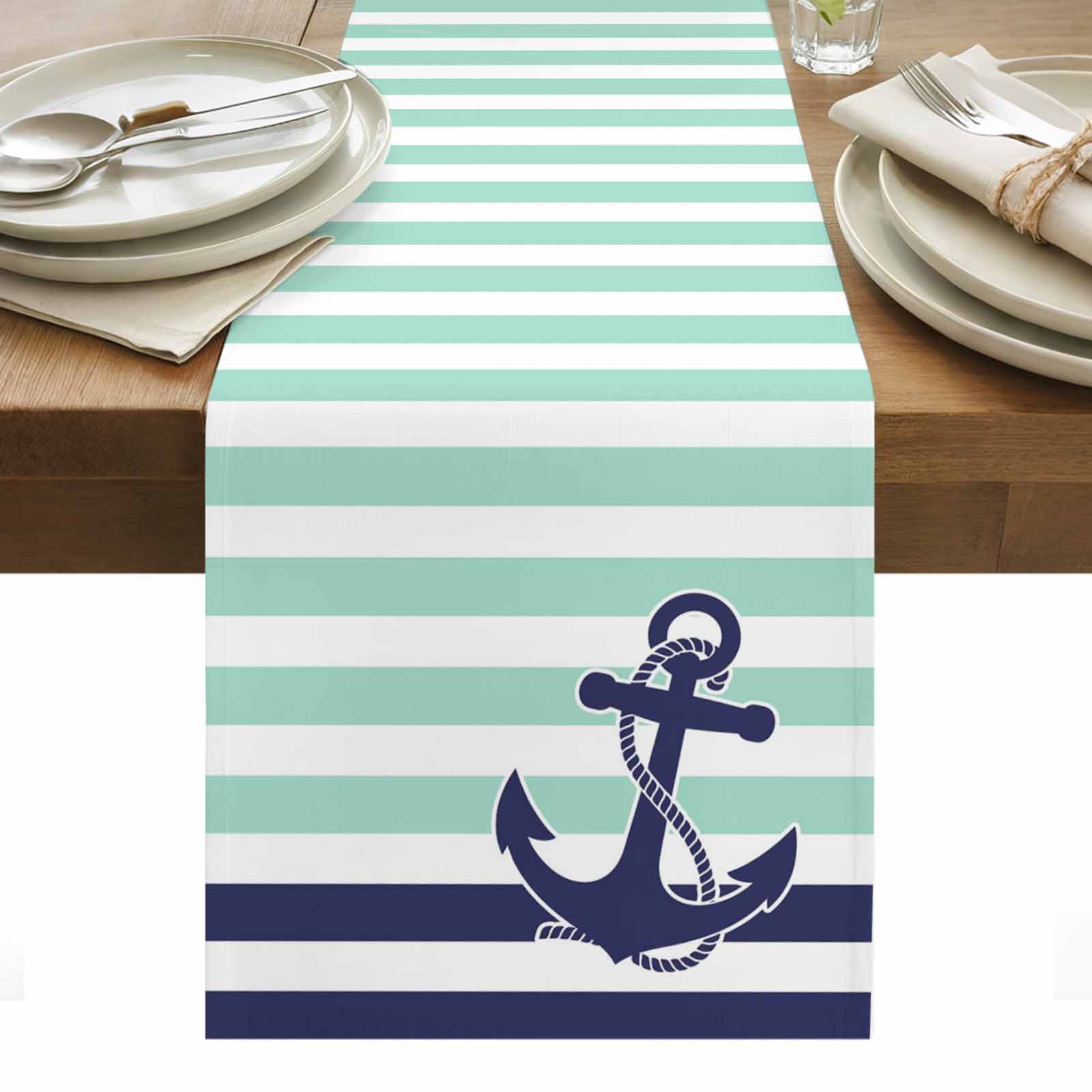 Blue Anchor Table Runner 13 x 70 Inch, Costal Mint Green White Stripes ...